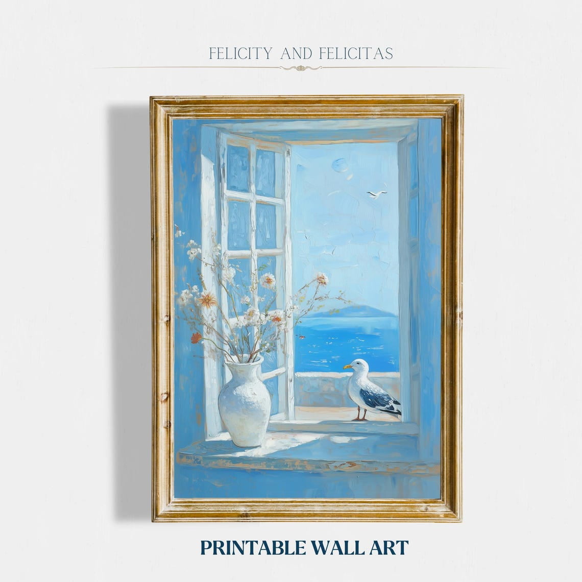 Blue Beach Seagull Wall Art, Artsy Coastal Painting, Summer Farmhouse ...