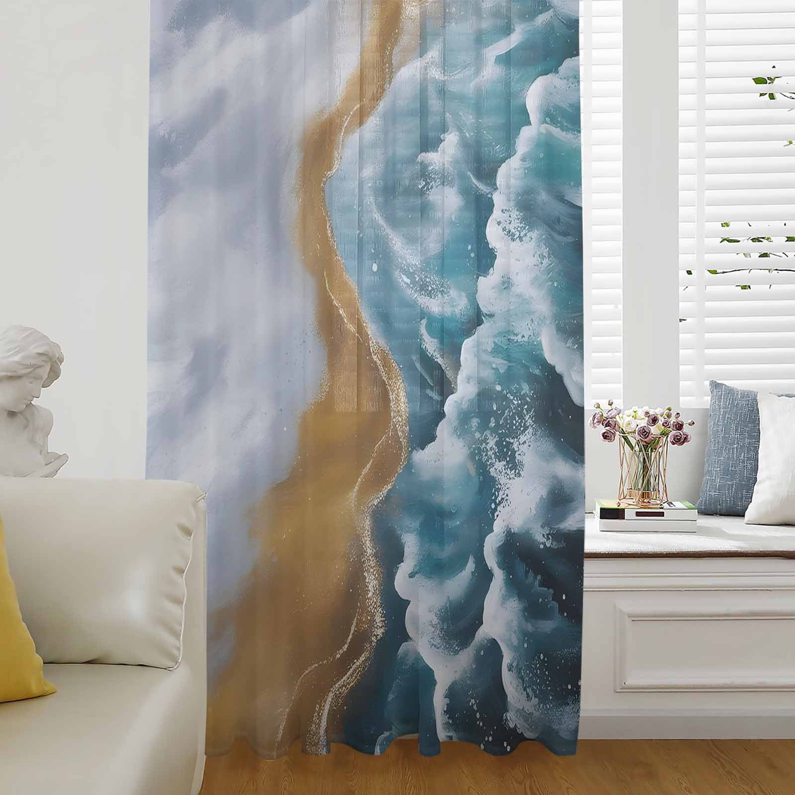 Blue Beach Semi Sheer Curtains Drapes for Living Room,Bedroom,French ...