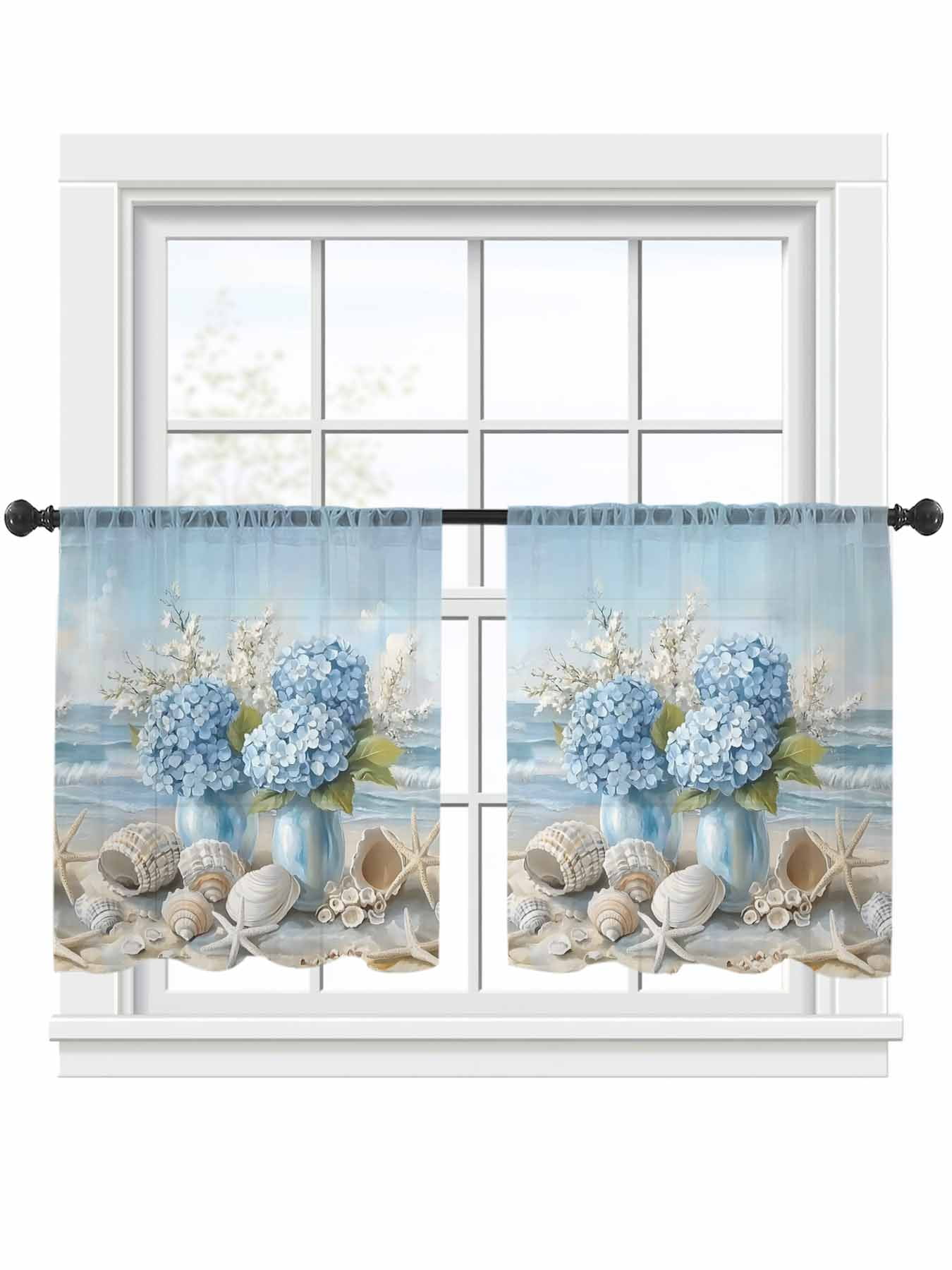 Blue Beach Sheer Curtains 2 Panels Set Scenery Hydrangeas Floral ...