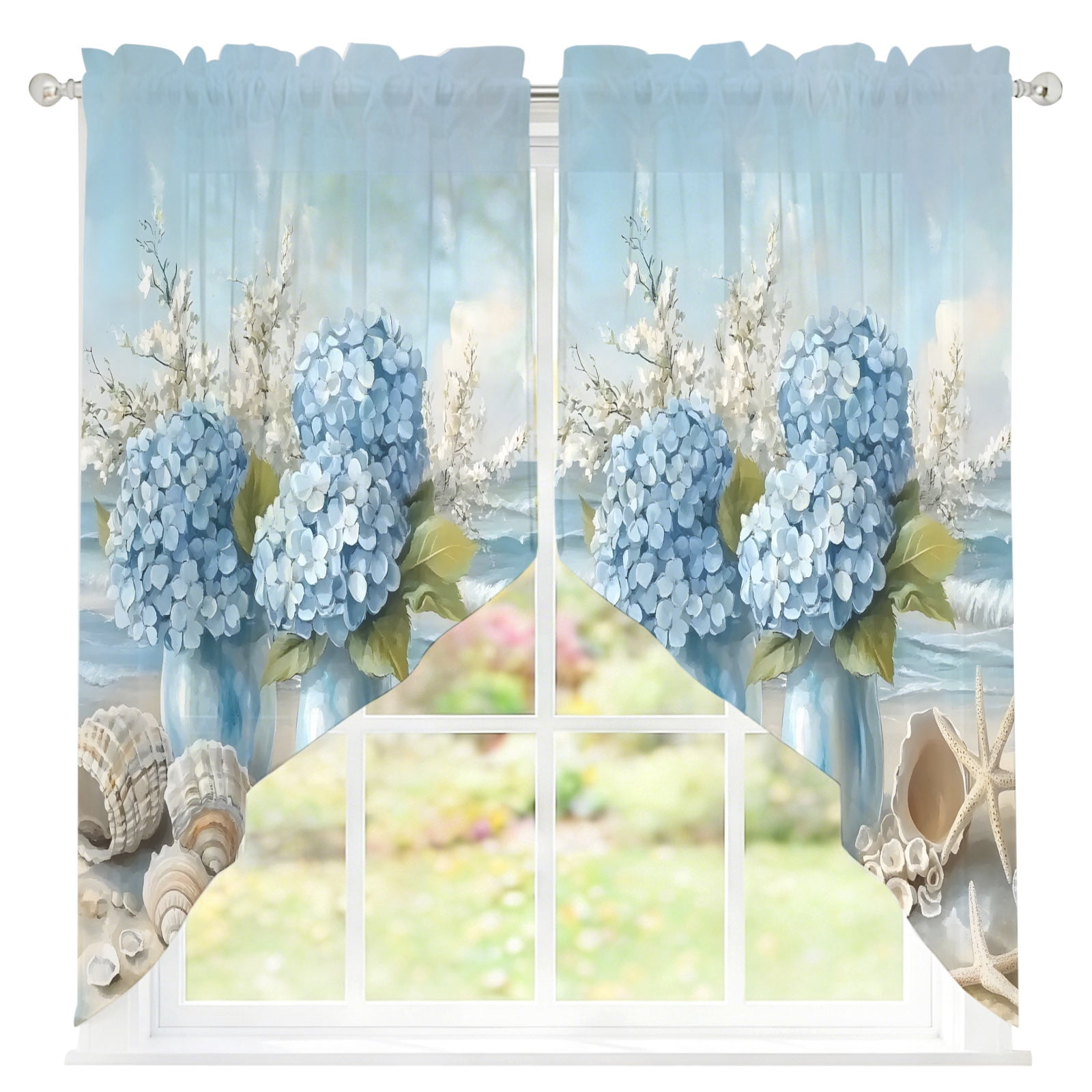 Blue Beach Sheer Curtains Swag Valances for Windows Scenery Hydrangeas ...