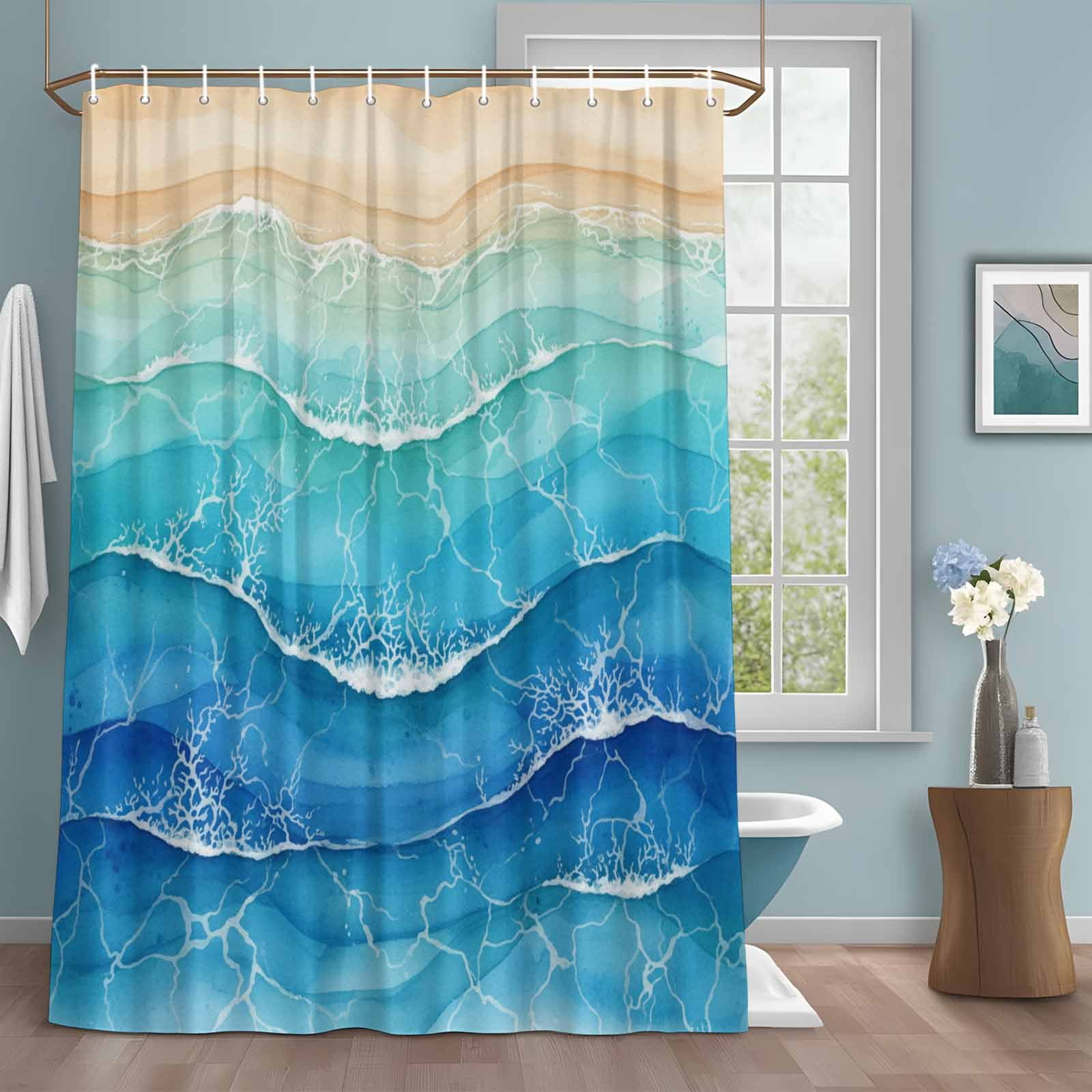 Blue Beach Shower Curtains for Bathroom, Modern Abstract Art Watercolor ...