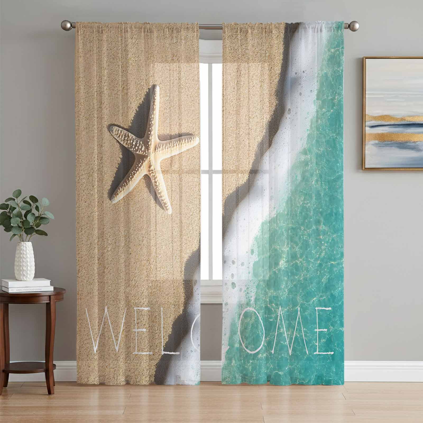 Blue Beach Summer Semi Sheer Curtains 96 Inch Length 2 Panels Set ...