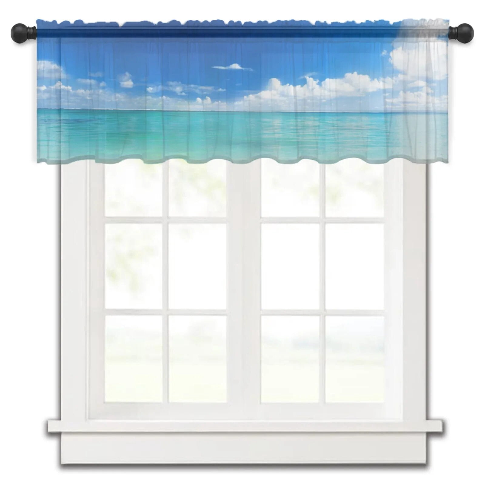 Blue Beach Sun Sea Sky Kitchen Small Window Curtain Tulle Sheer Short ...