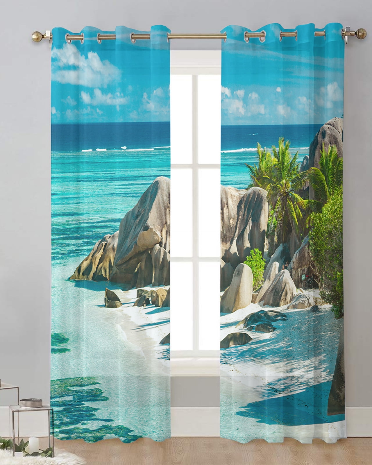Blue Beach Sun Sea Sky Tulle Drapes for Living Room Bedroom Sheer ...
