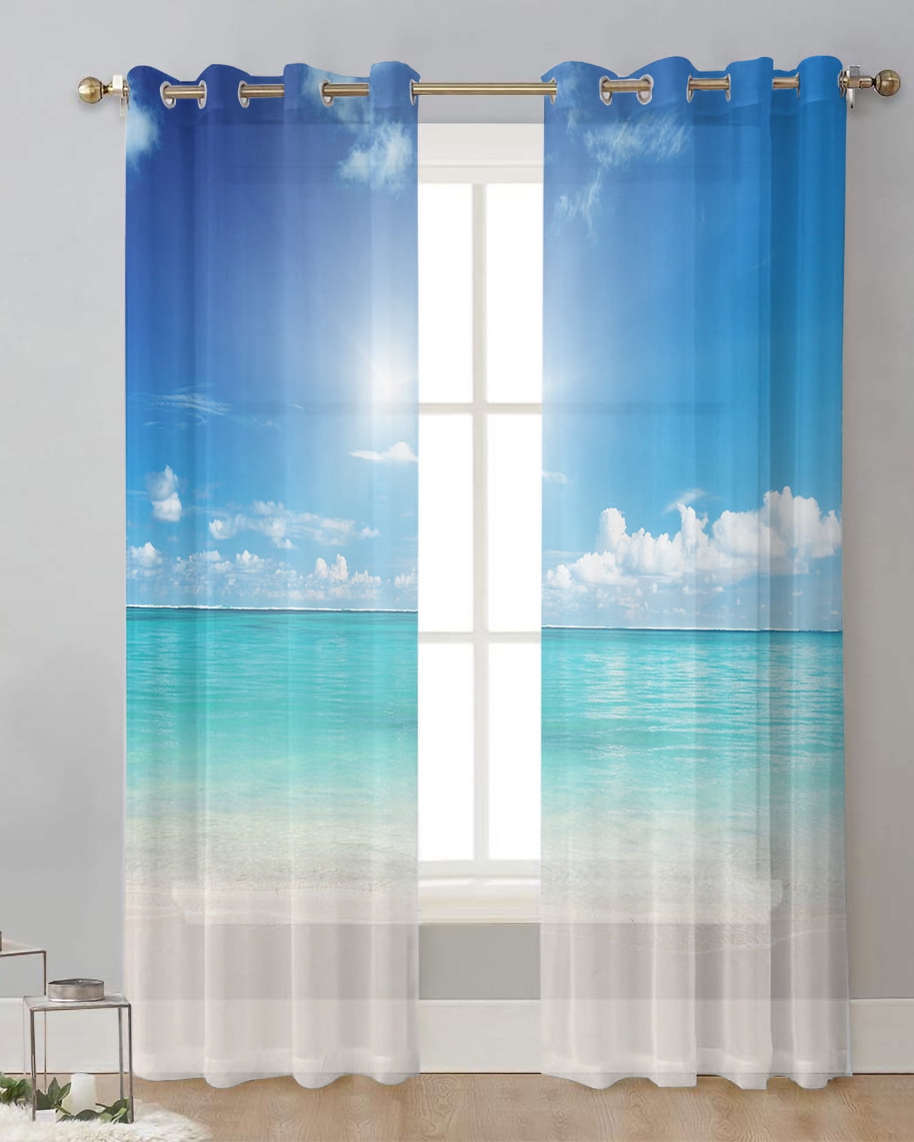 Blue Beach Sun Sea Sky Tulle Drapes for Living Room Bedroom Sheer ...