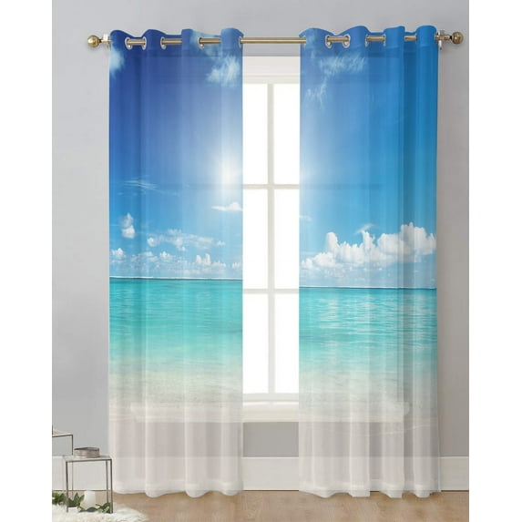Blue Beach Sun Sea Sky Tulle Drapes for Living Room Bedroom Sheer ...