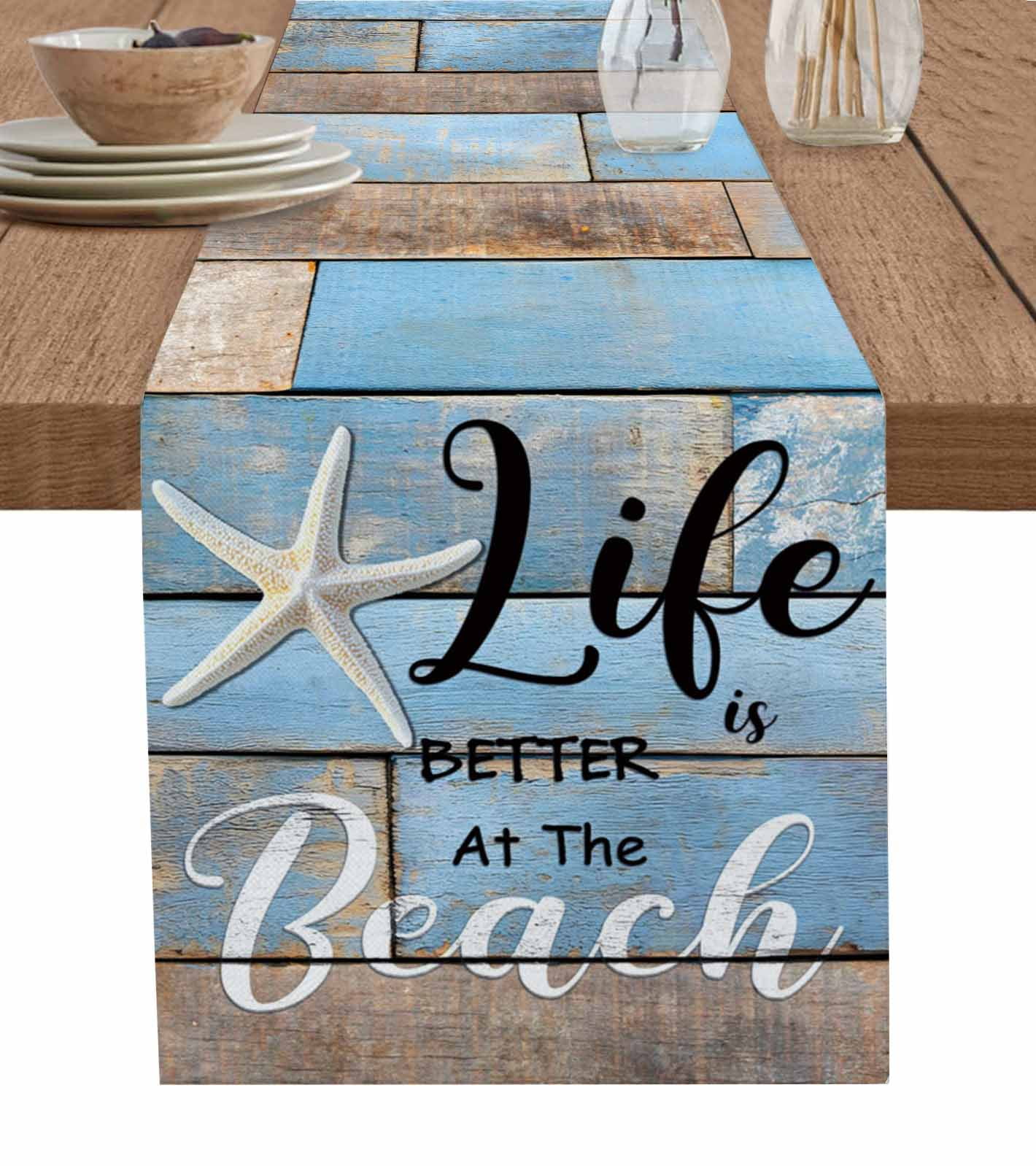 Blue Beach Table Runner Coastal Starfish Graffiti Retro Wooden Plank ...