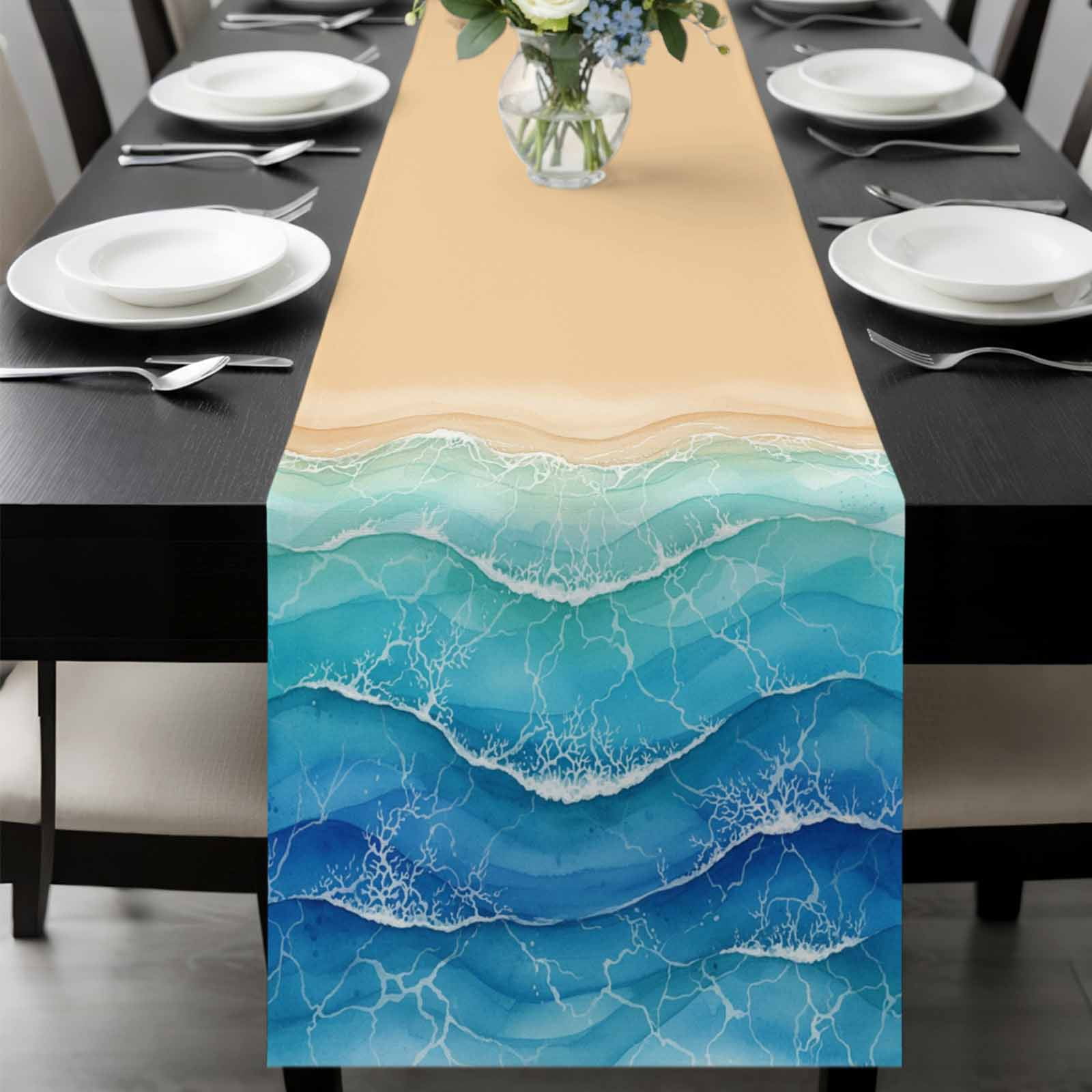Blue Beach Table Runner, Modern Abstract Art Watercolor Gradual Blue ...