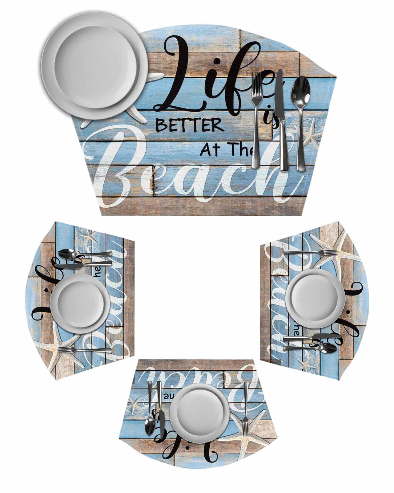 Blue Beach Wedge Shaped Placemats Set of 6, Cotton Linen Fan Place Mats ...