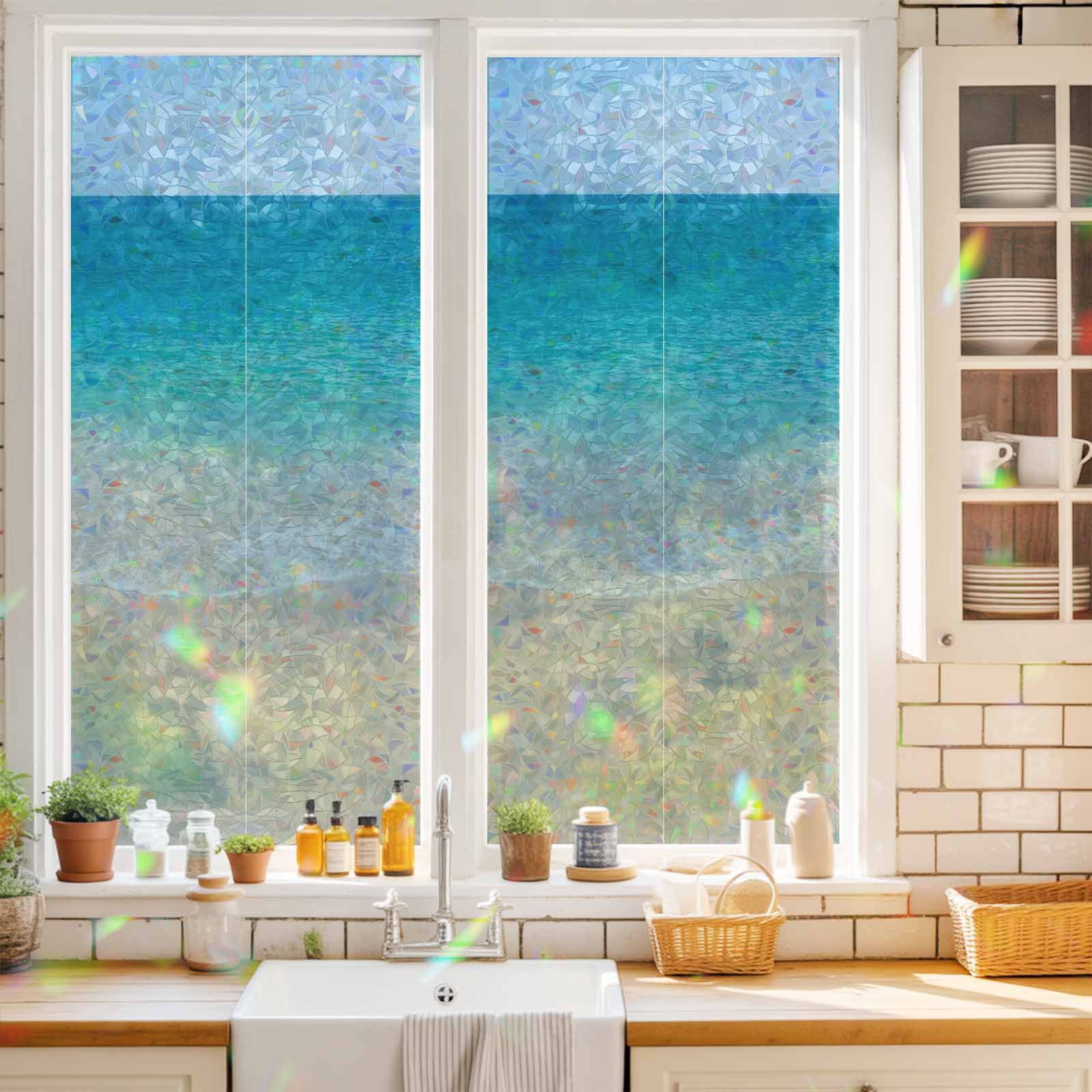 Blue Beach Window Privacy Film Coastal Ocean Wave Nautical Summer ...