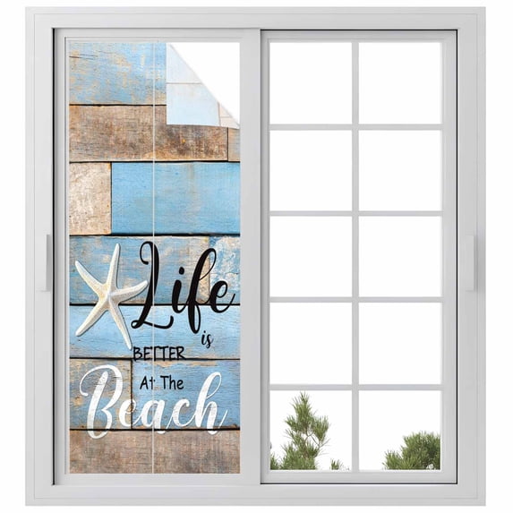 Blue Beach Window Privacy Film, Coastal Starfish Graffiti Retro Wooden ...