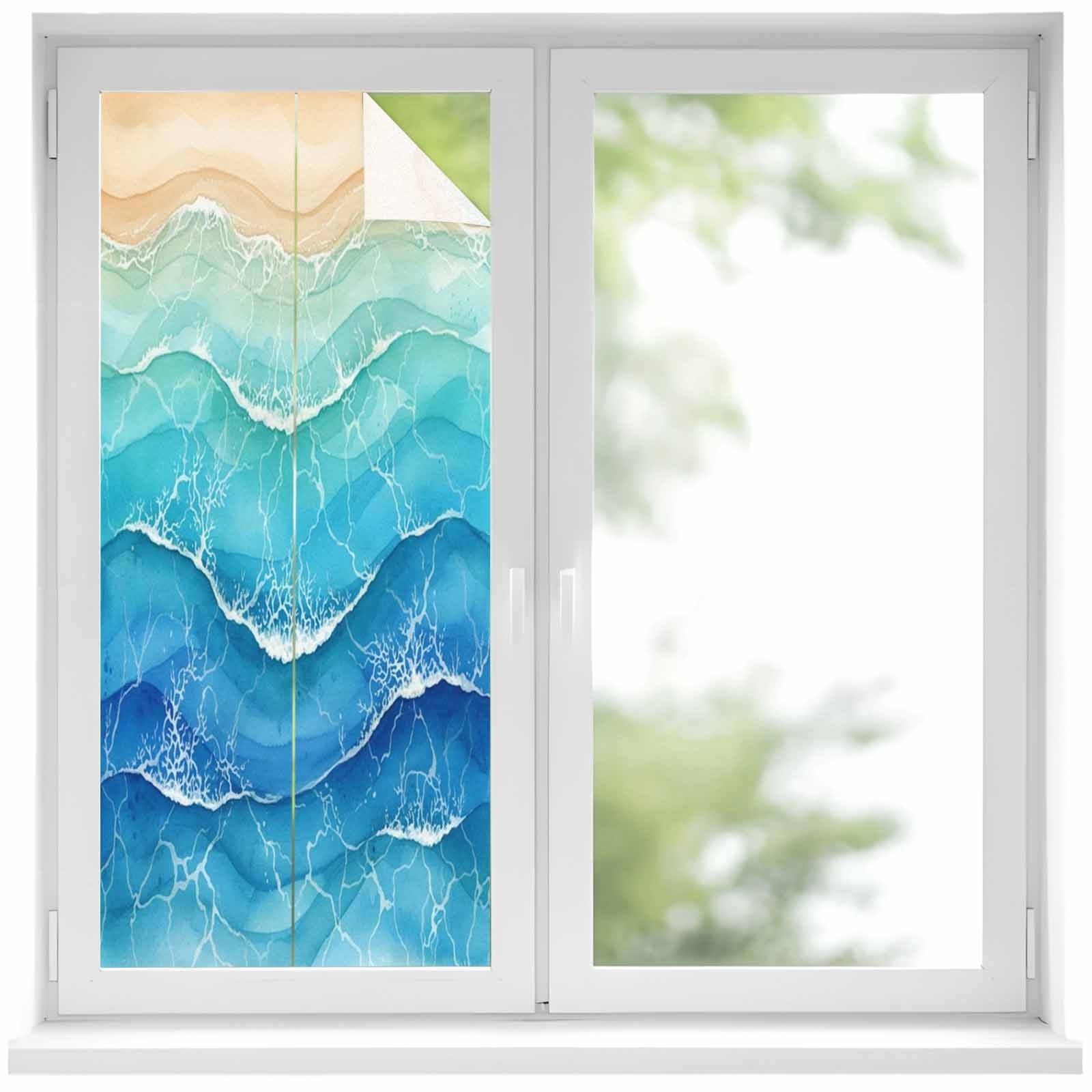 Blue Beach Window Privacy Film, Modern Abstract Art Watercolor Gradual ...