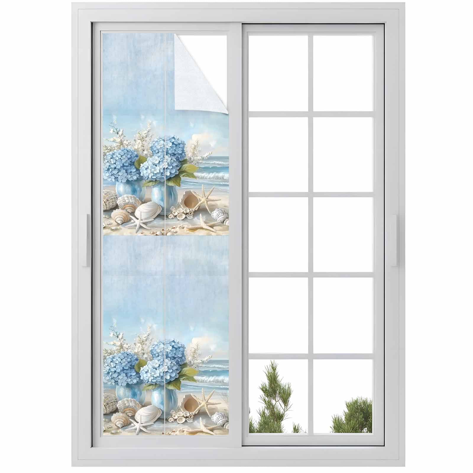 Blue Beach Window Privacy Film, Scenery Hydrangeas Floral Starfish ...
