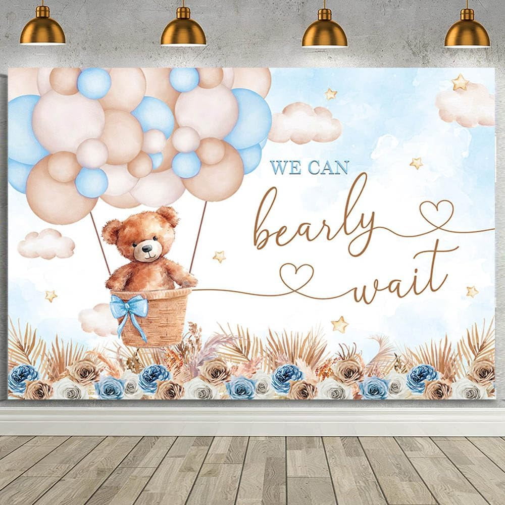 Blue Bear Baby Shower Backdrop for Boys We Can Bearly Wait Decorations ...