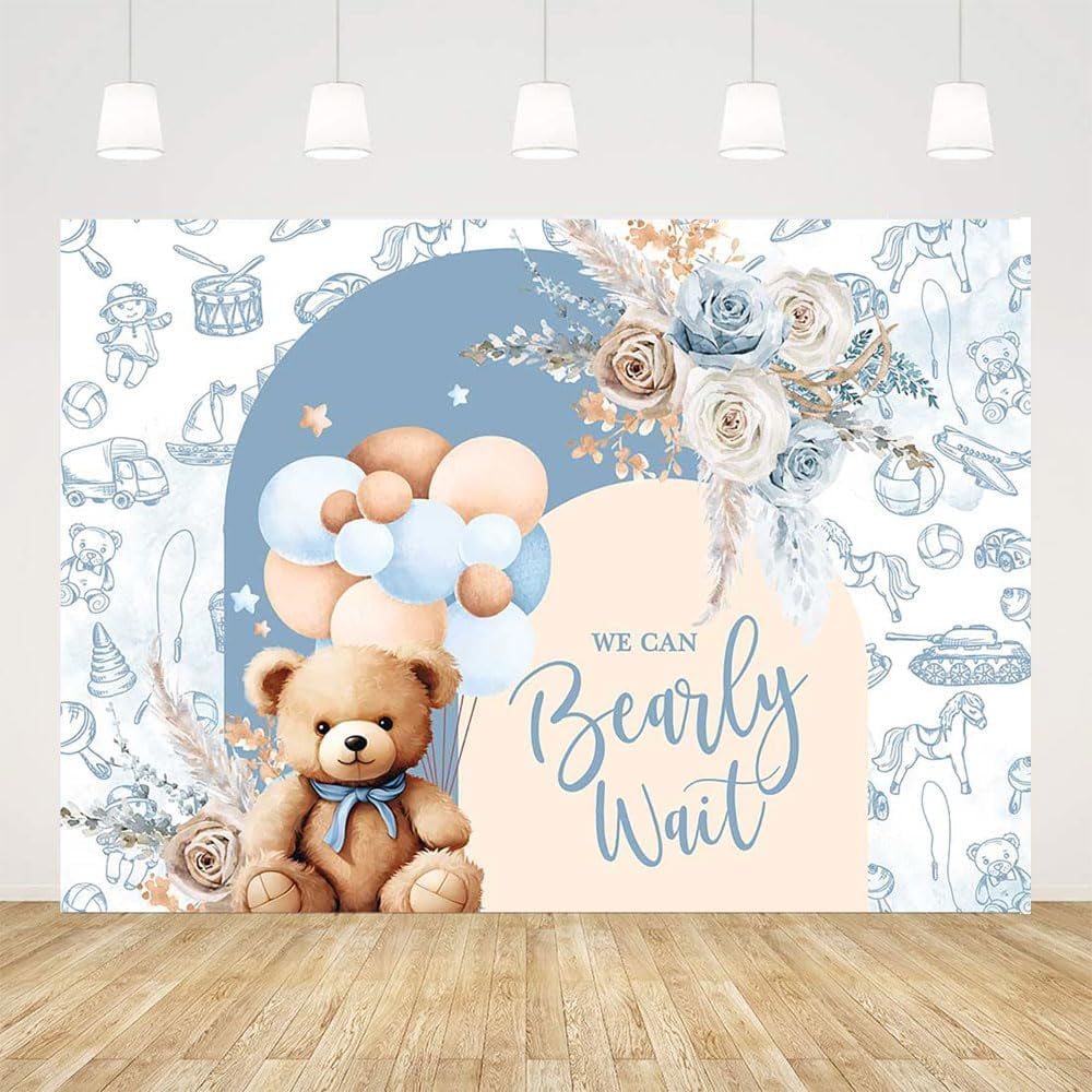 Blue Bear Baby Shower Backdrop We Can Bearly Wait Balloons Boho Leaves ...