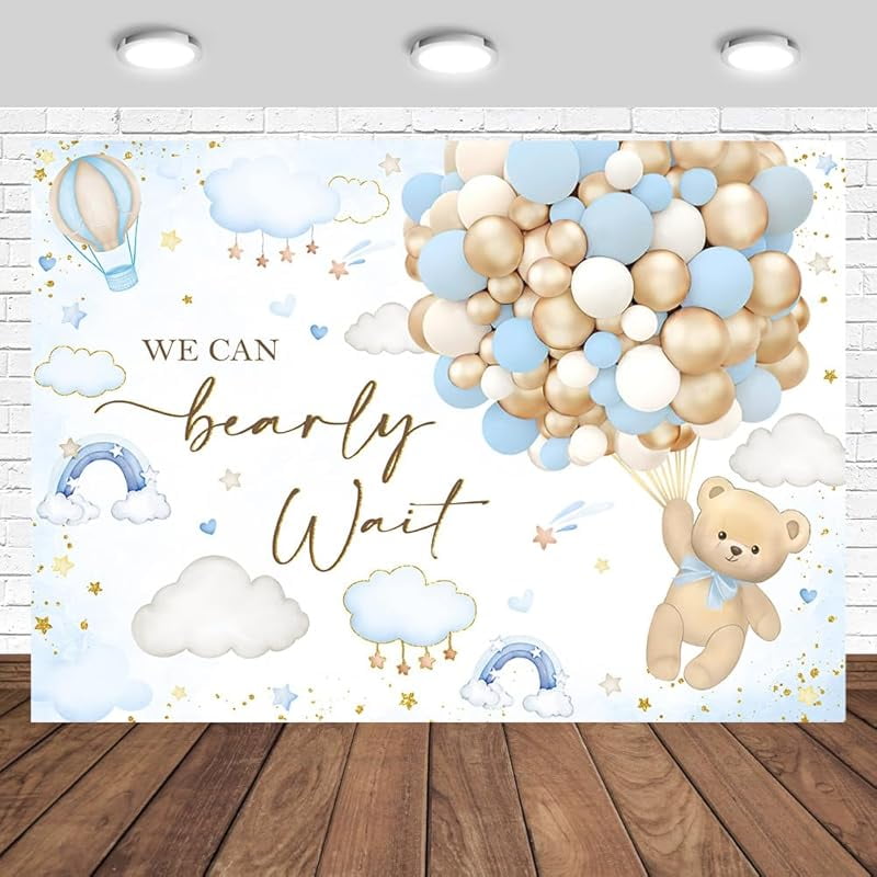 Blue Bear Baby Shower Backdrop We Can Bearly Wait Hot Air Balloons Bear ...