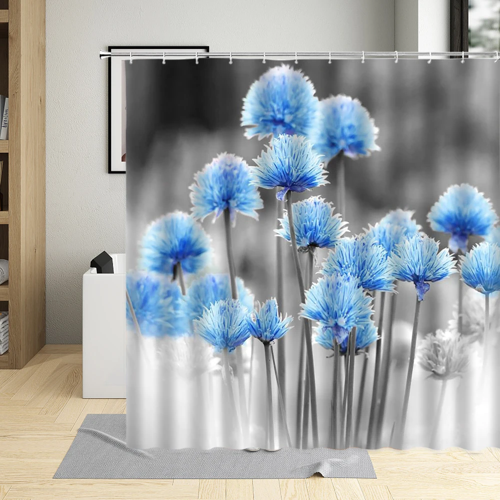 Blue Beautiful Flower Pattern Bathroom Curtains Gardening Screens ...