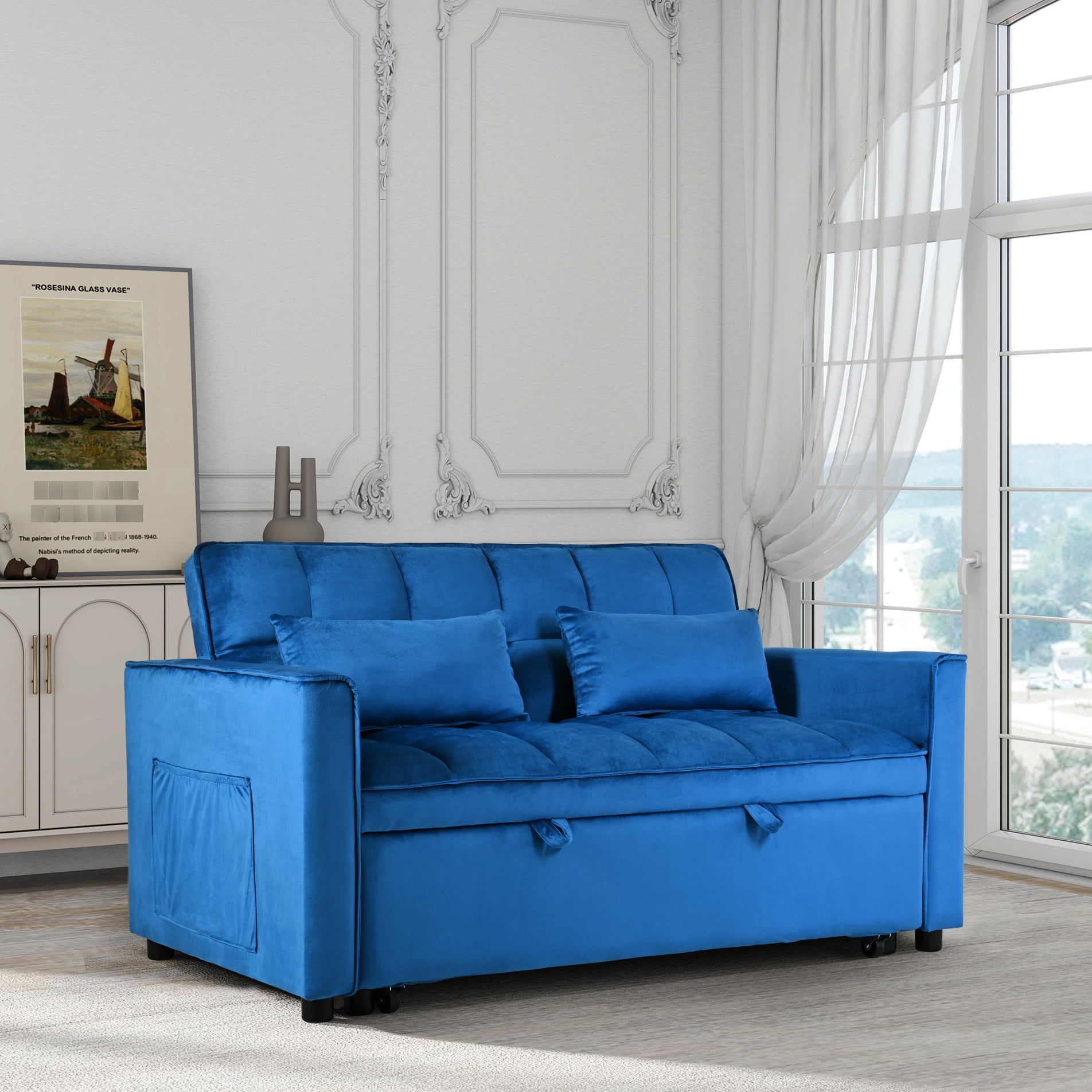 Blue Bed With Storage Pockets And Lumbar Pillows, Wood Construction 31 ...