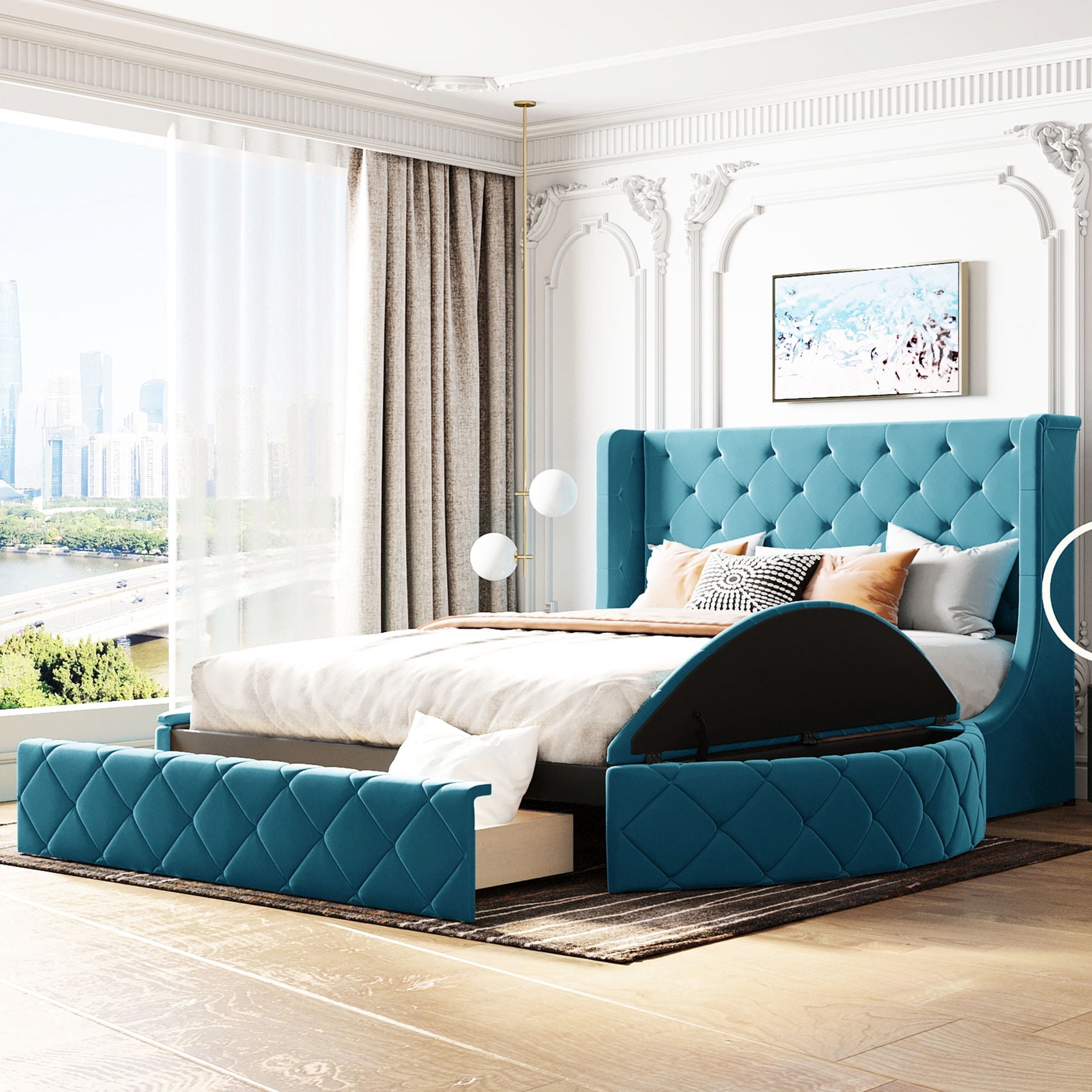 Blue Bed with Wingback Headboard | Storage Drawer and Side Stools for ...