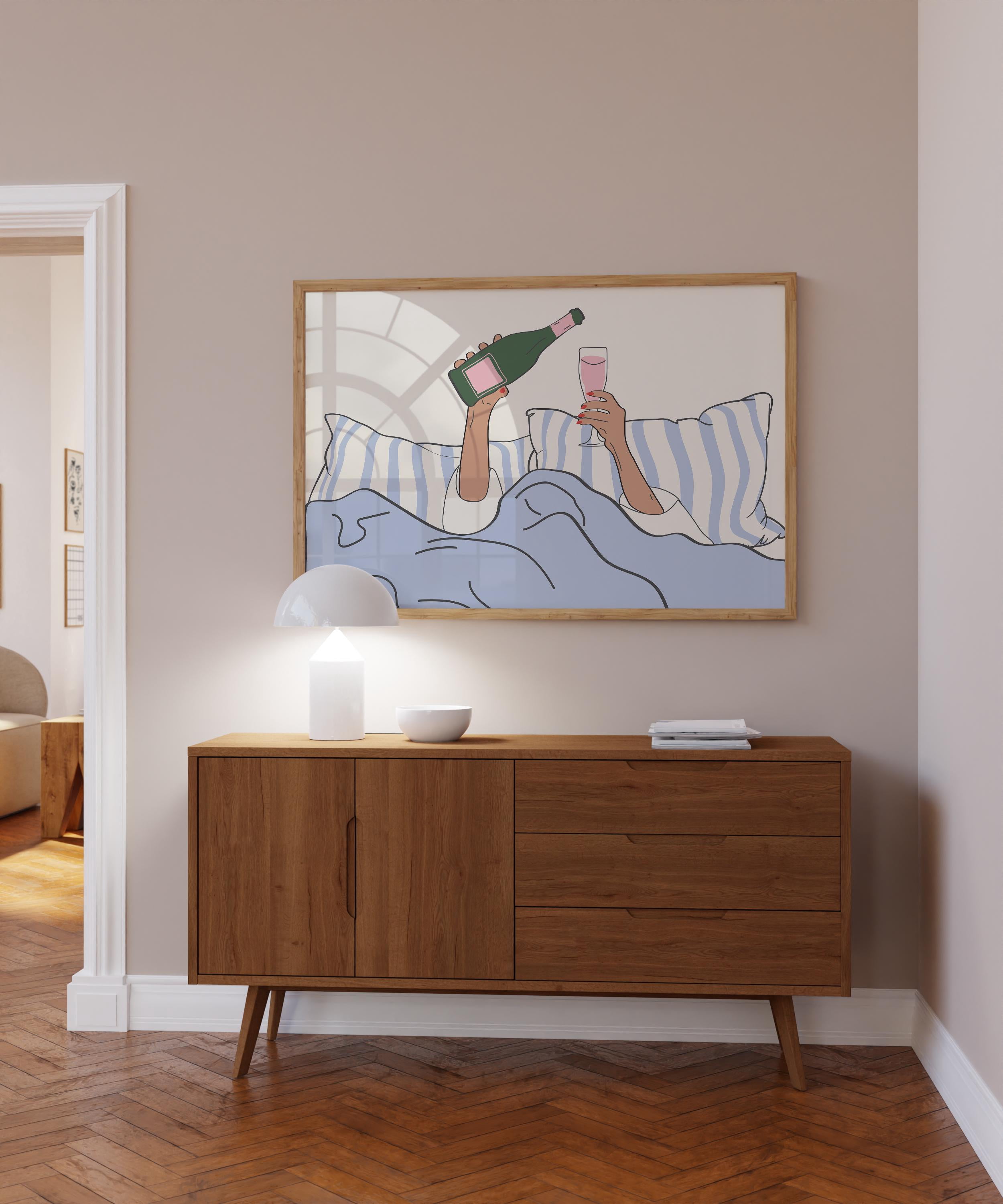Blue Bedroom Print Horizontal Physical Poster For Bedroom, Wine In Bed ...
