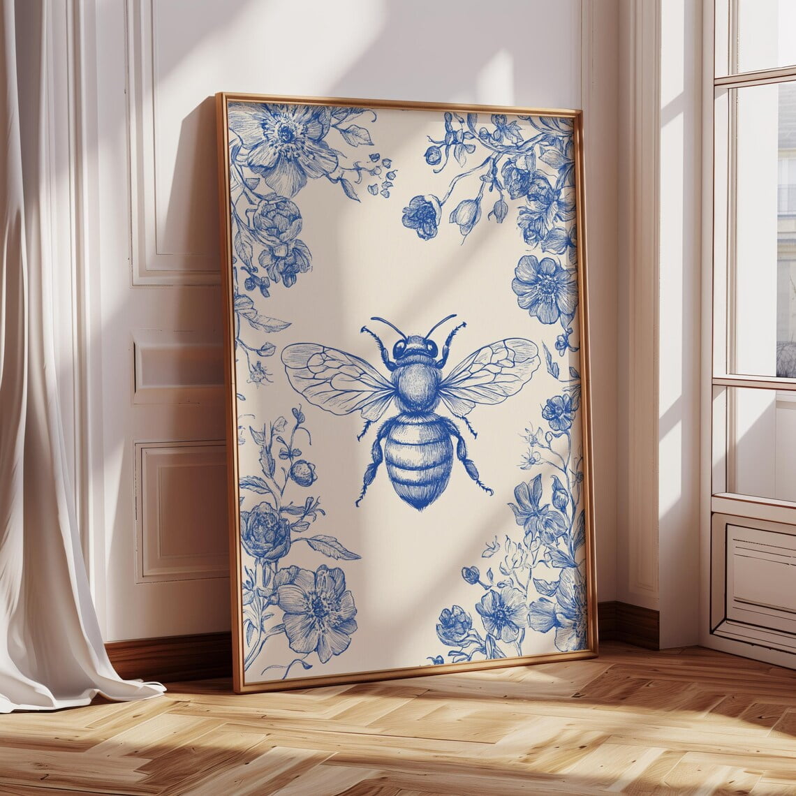Blue Bee Floral Print Poster Elegant Insect Wall Art, Size 12x18 ...
