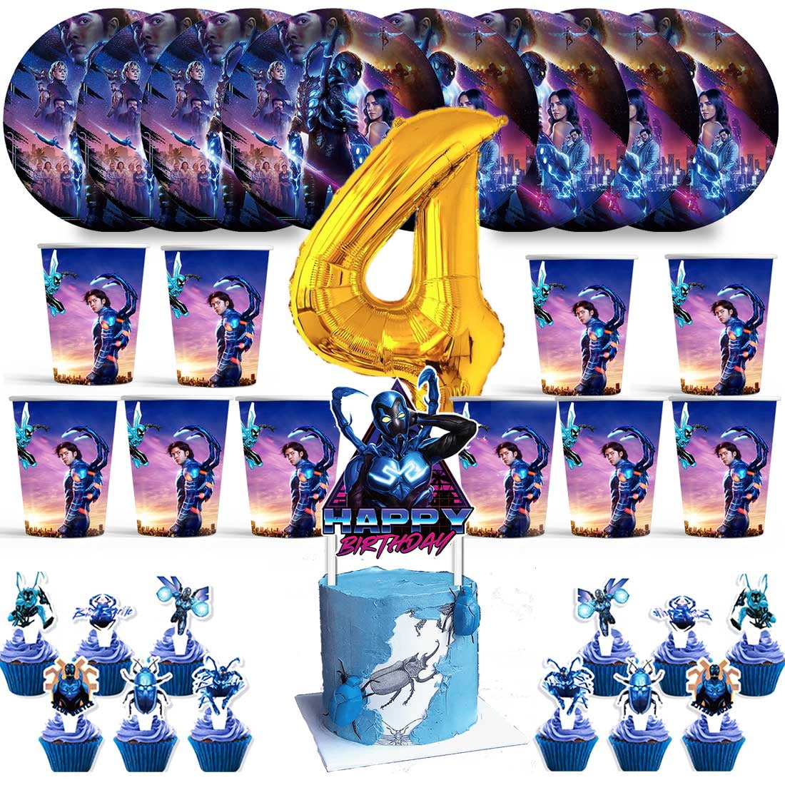 Blue Beetle Birthday 4th Cups Party Supplies Plates Fans Decorations ...