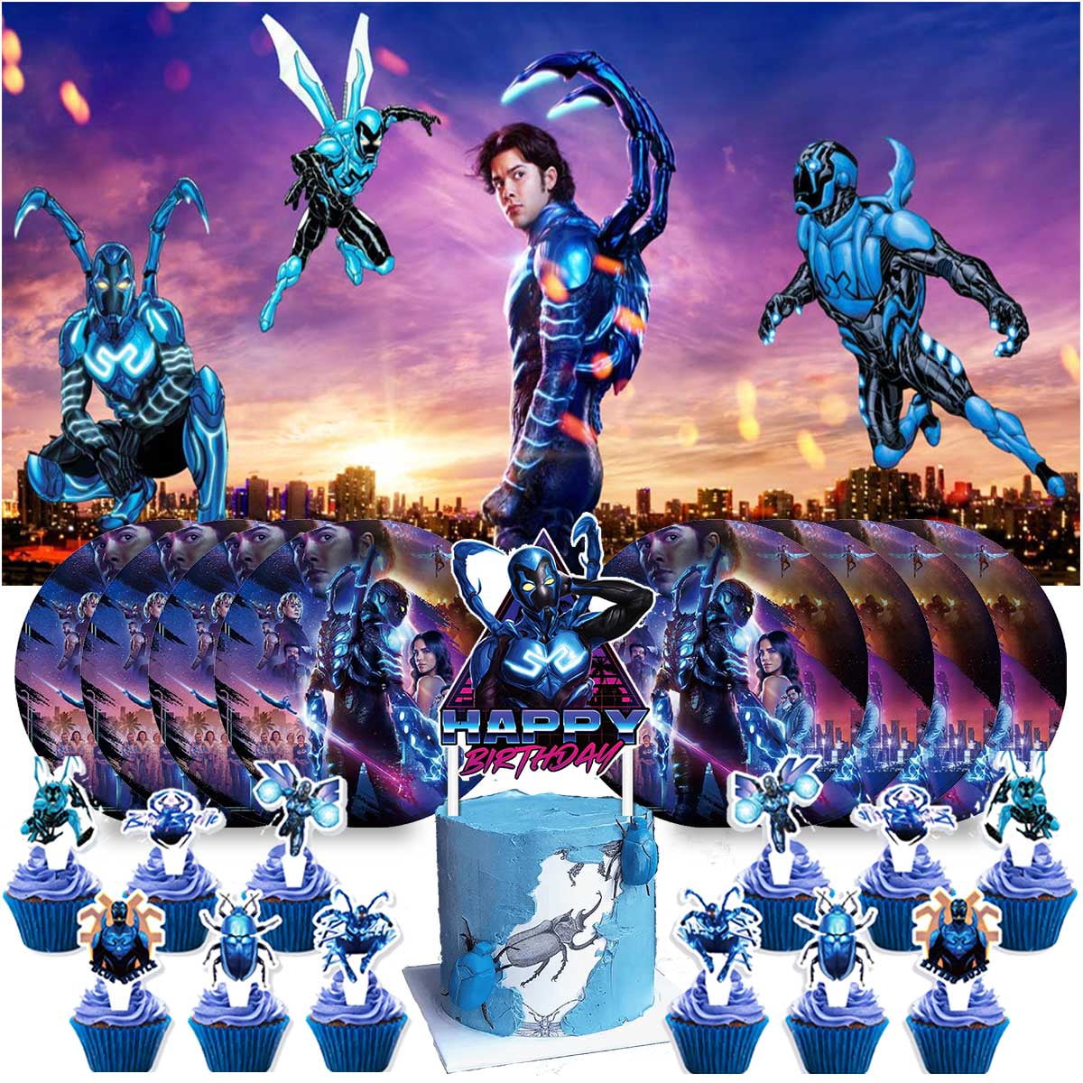 Blue Beetle Birthday Party Decor Set - 5x2.3ft Backdrop Banner, Paper ...