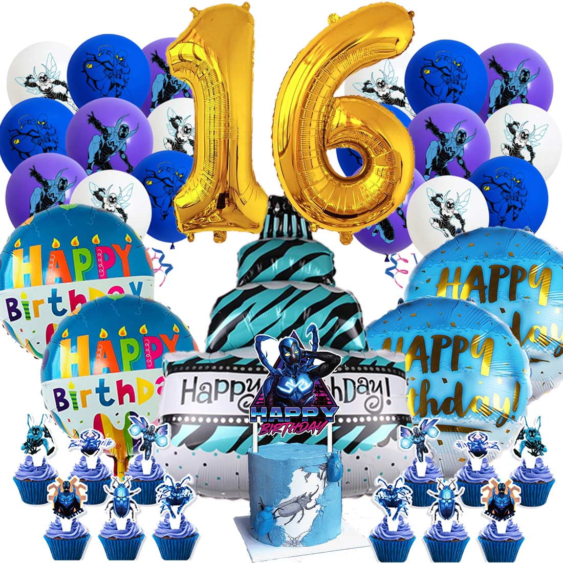 Blue Beetle Party Supplies 16th Decor Kit Balloons Birthday Cake Topper ...