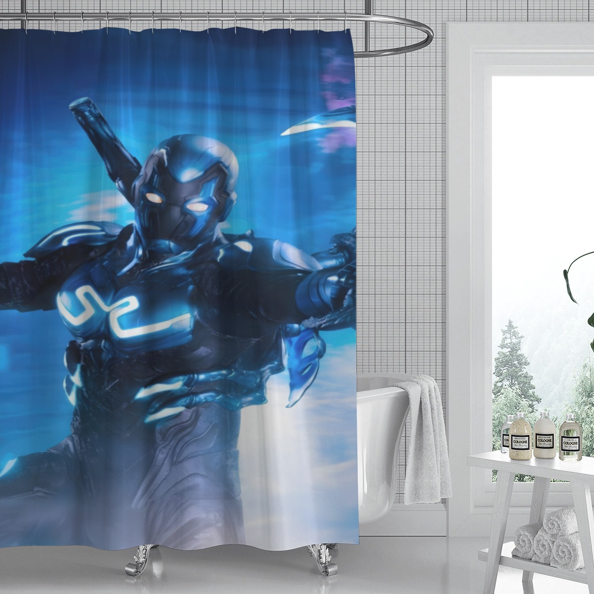 Blue Beetle shower curtain comes with an iconic design, waterproof ...