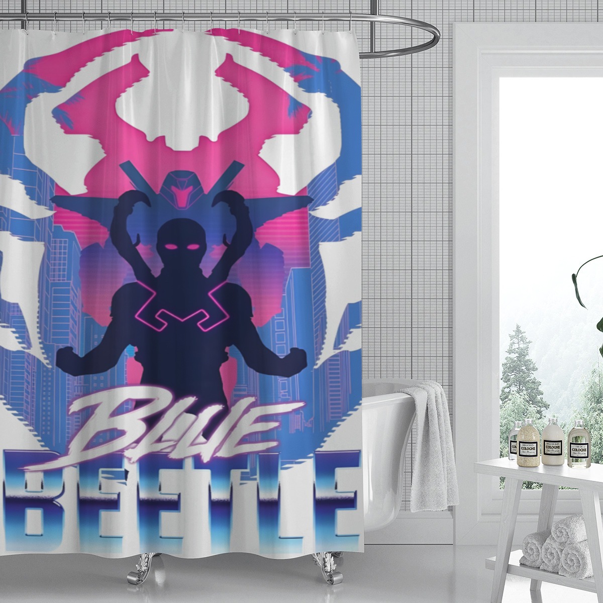 Blue Beetle shower curtain features a unique pattern, is fully ...