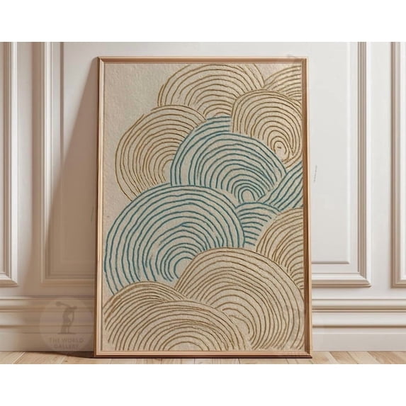 Blue Beige Abstract Japanese Wave Pattern Wall Art , Poster Print Only ...