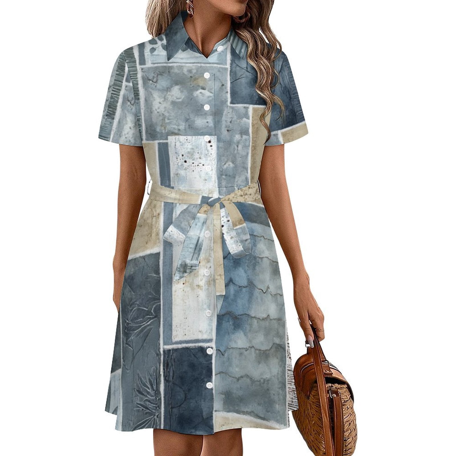 Blue Beige Abstract Patchwork Art Womens Shirt Dresses Women'S Short ...
