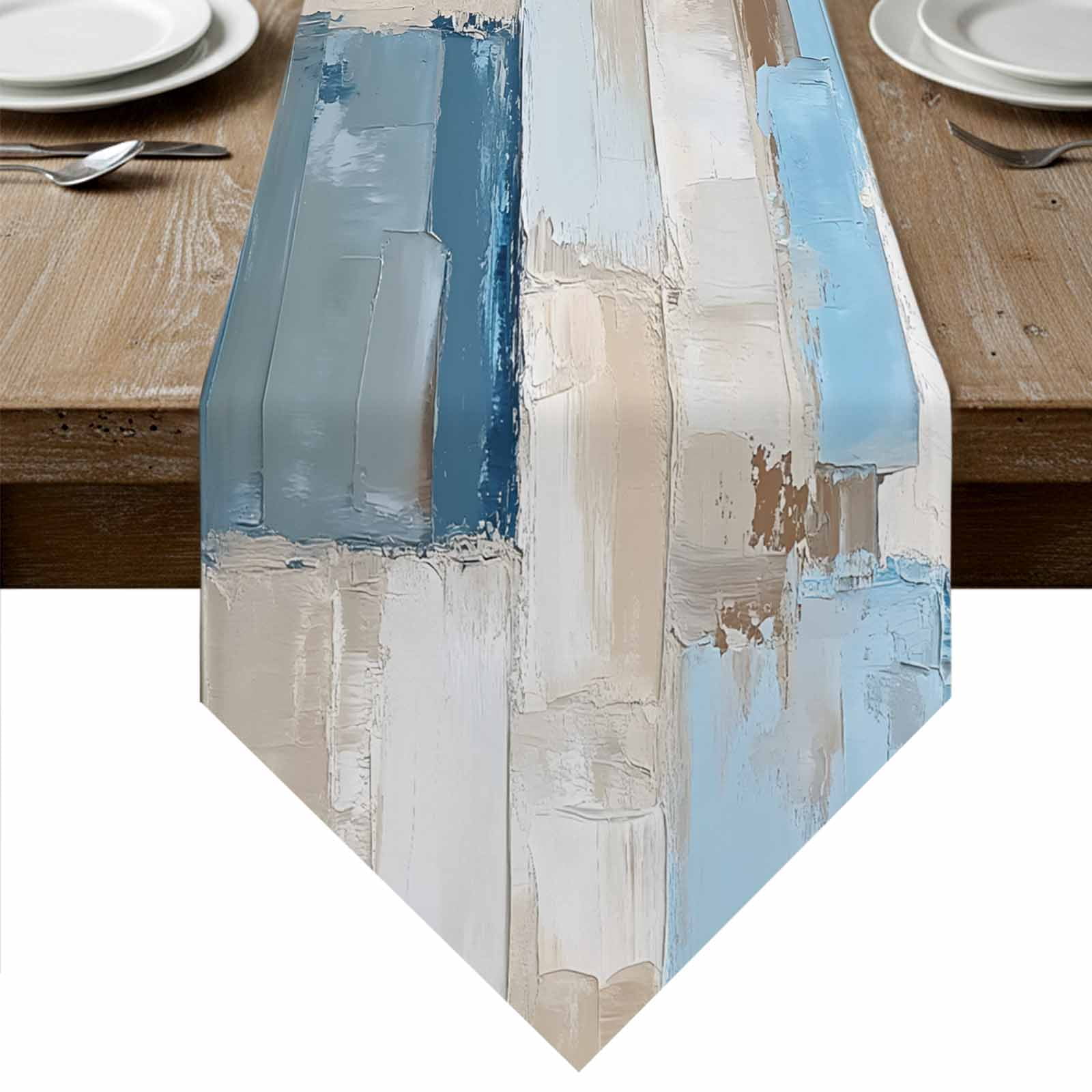 Blue Beige Abstract Table Runner Linen Burlap Table Runner 60 Inches ...
