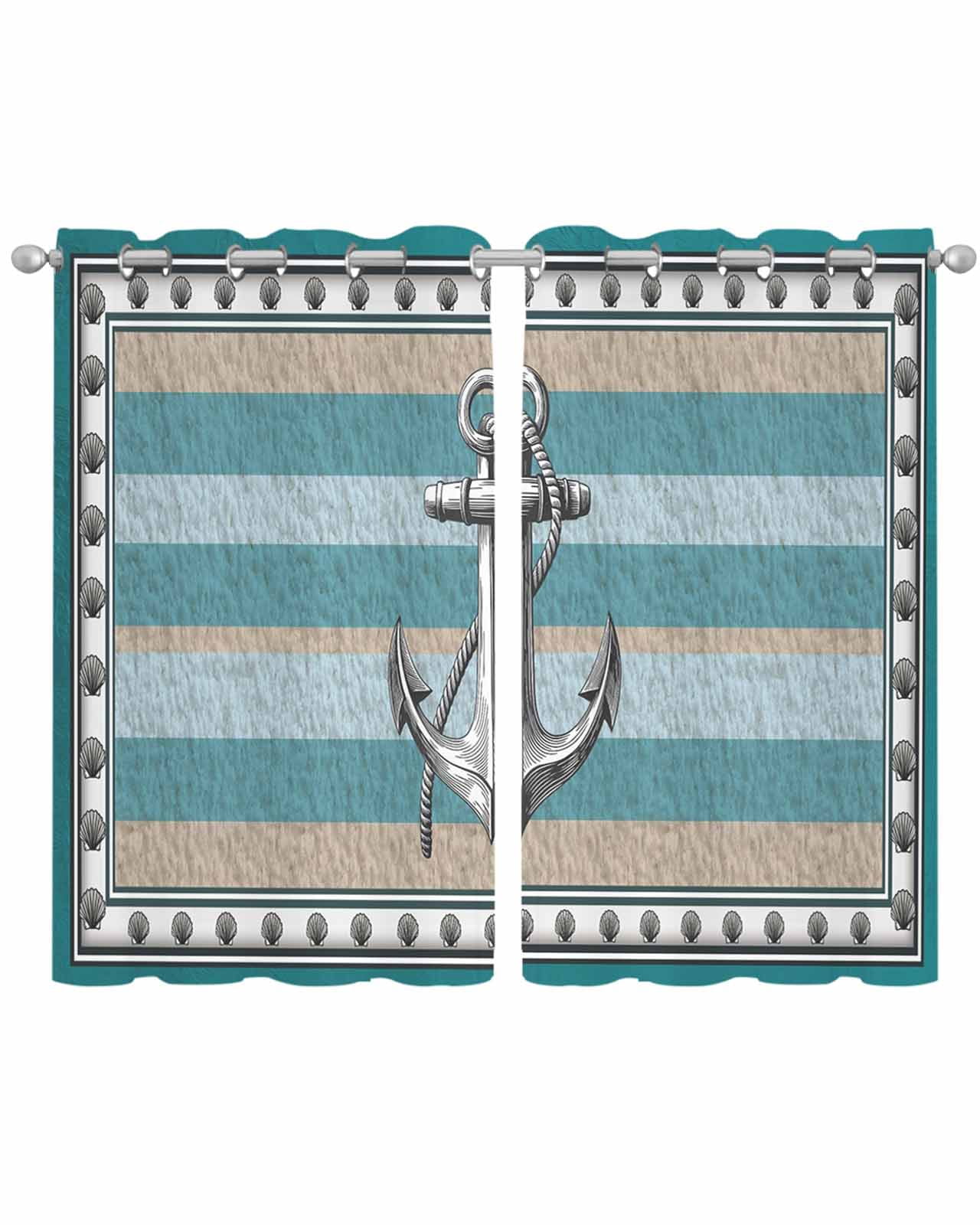 Blue Beige Anchor Sheer Curtains 54 Inch Length 2 Panels Set for Living ...