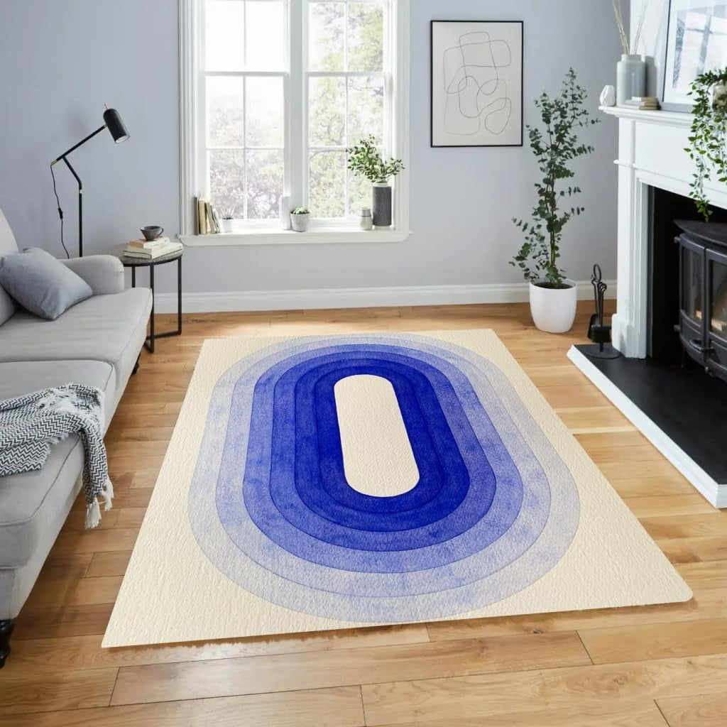 Blue Beige Arch Lines Boho Art Washable Area Rug Mid Century Modern ...