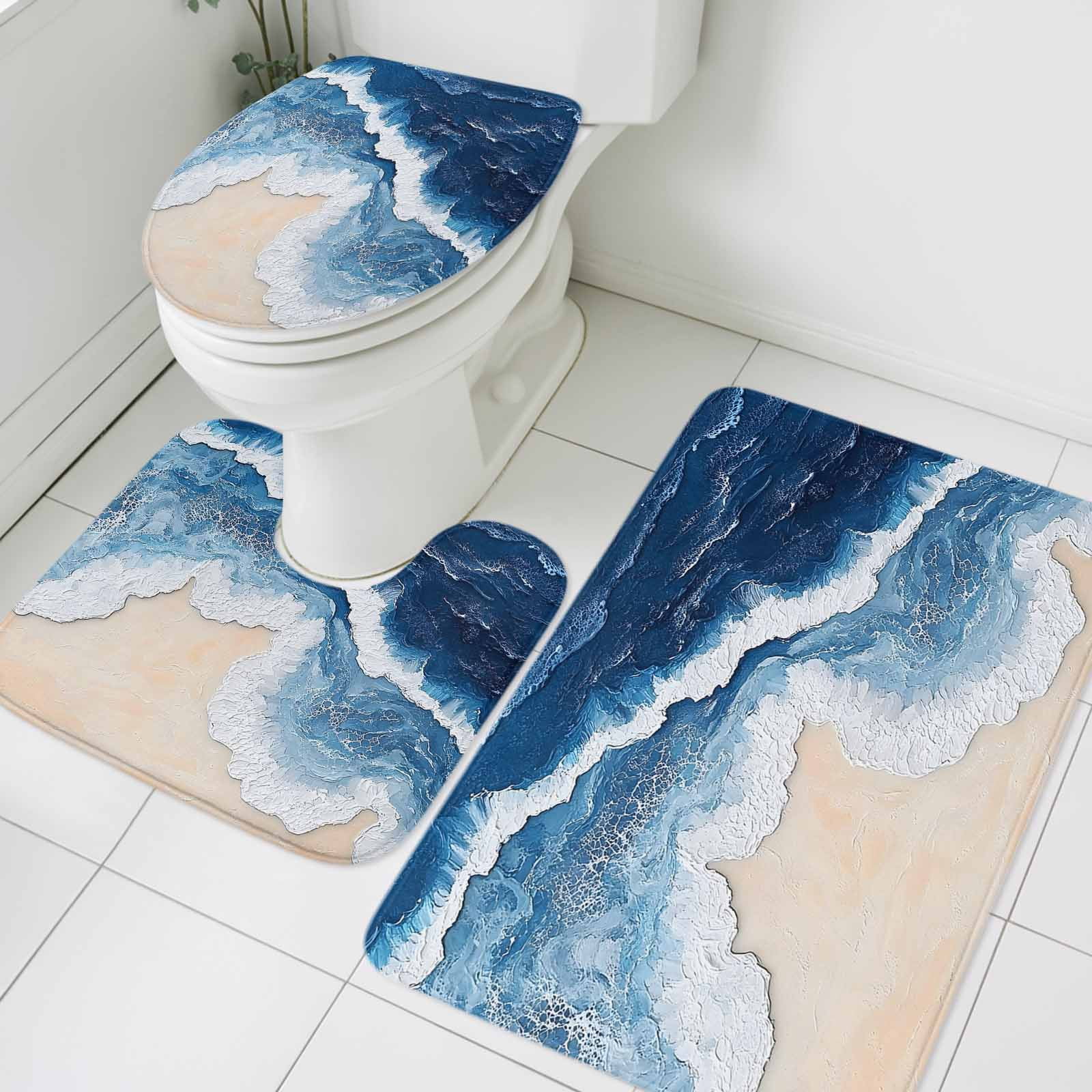 Blue Beige Bathroom Rugs Set Gradient Ocean Abstract Sea Wave Beach ...