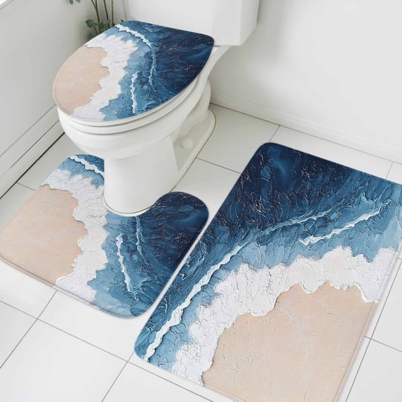 Blue Beige Bathroom Rugs Set Gradient Seaside Ocean Wave Sand Abstract ...