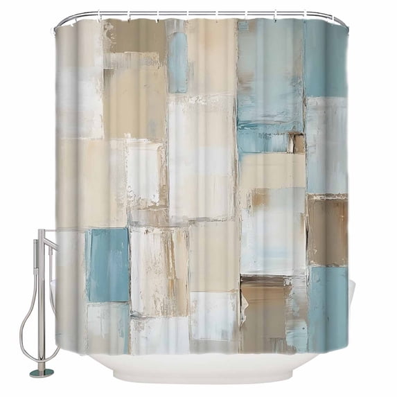 Blue Beige Bathroom Shower Curtains with 12 Hooks Polyester Waterproof ...