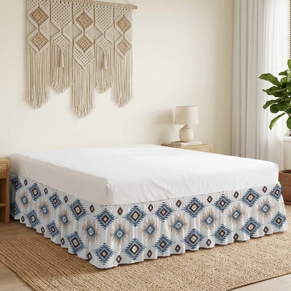 Blue Beige Bed Skirt California King Size 18 Inch Drop, Aztec Ethnic ...