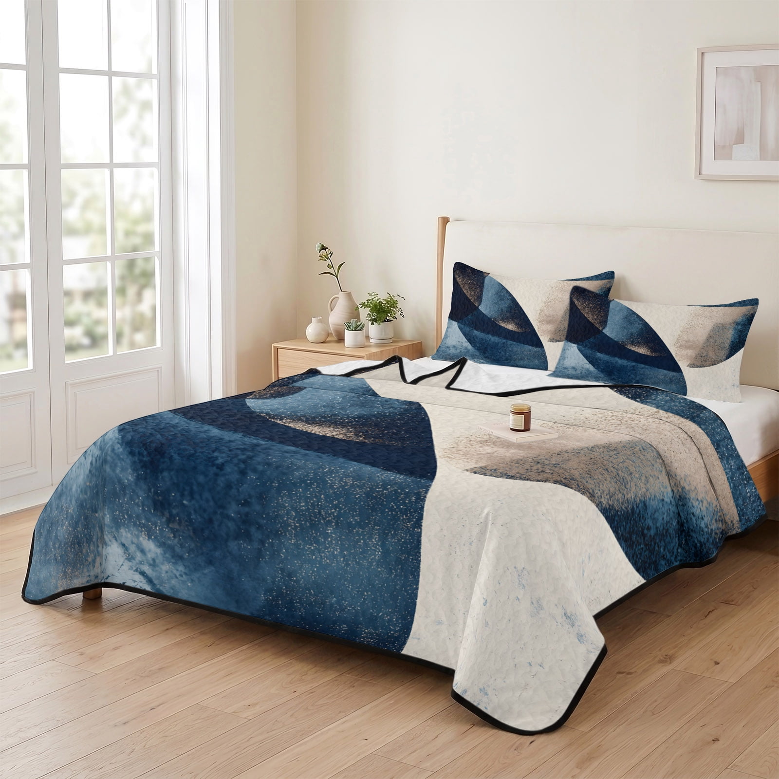Blue Beige Black Lines 3 Pieces Quilt Set,1 Quilt with 2 Shams,Abstract ...