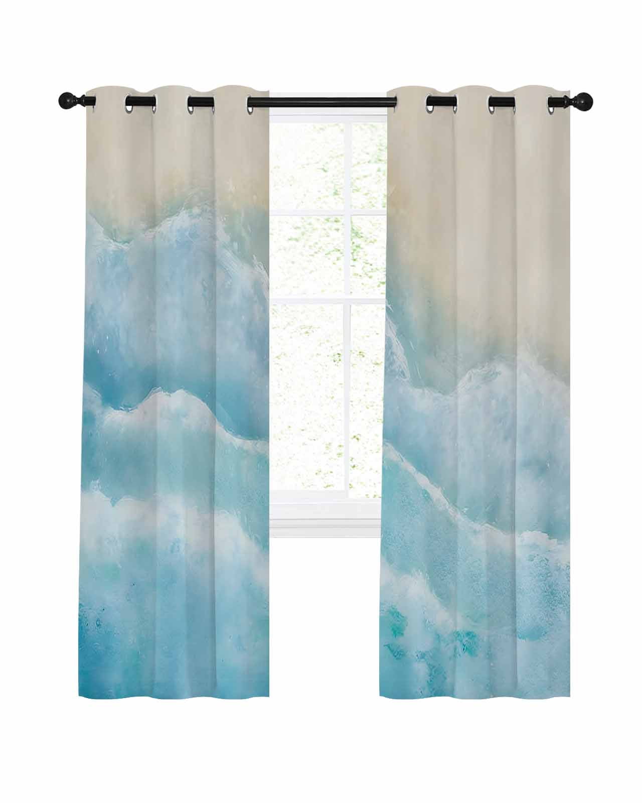Blue Beige Blackout Curtains, Light Blocking Print Window Curtains ...