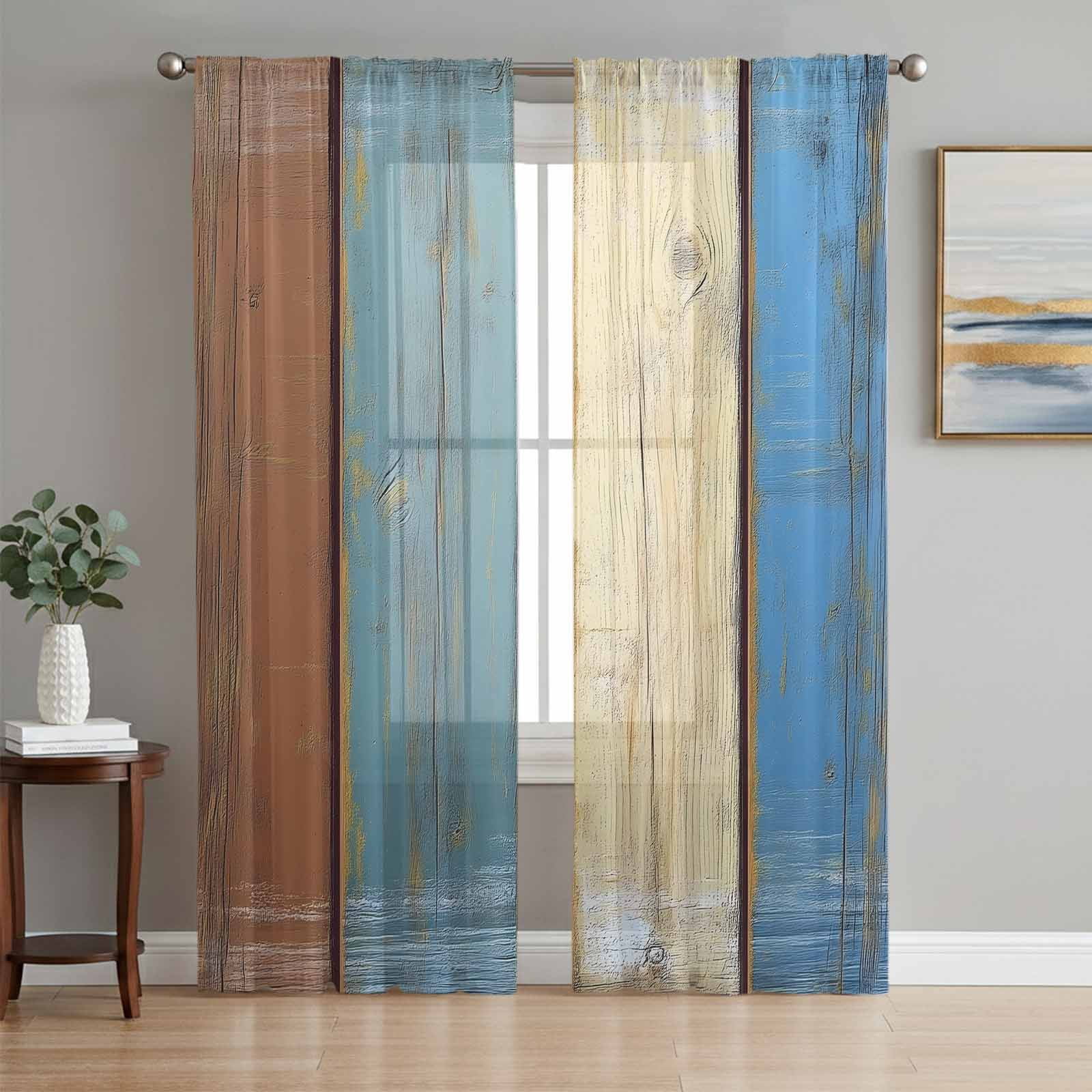 Blue Beige Board Sheer Curtains 96 Inch Length 2 Panels Set, Vintage ...