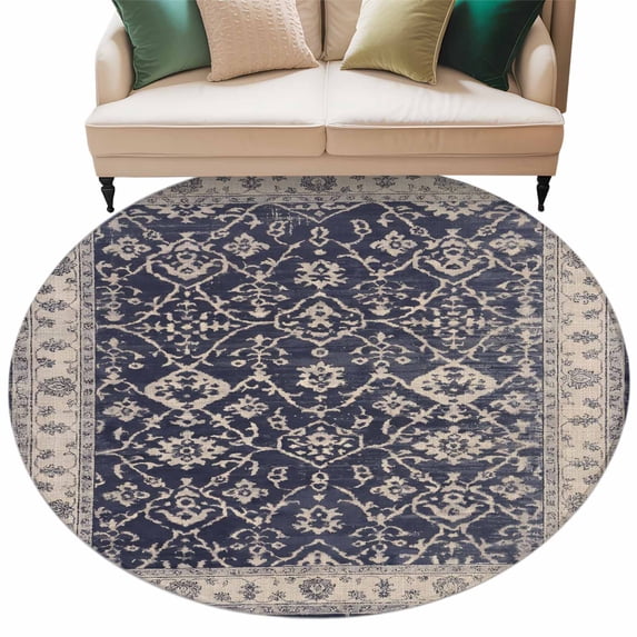 Blue Beige Boho Round Rug 5ft Washable Circle Kitchen Rugs Non Slip ...