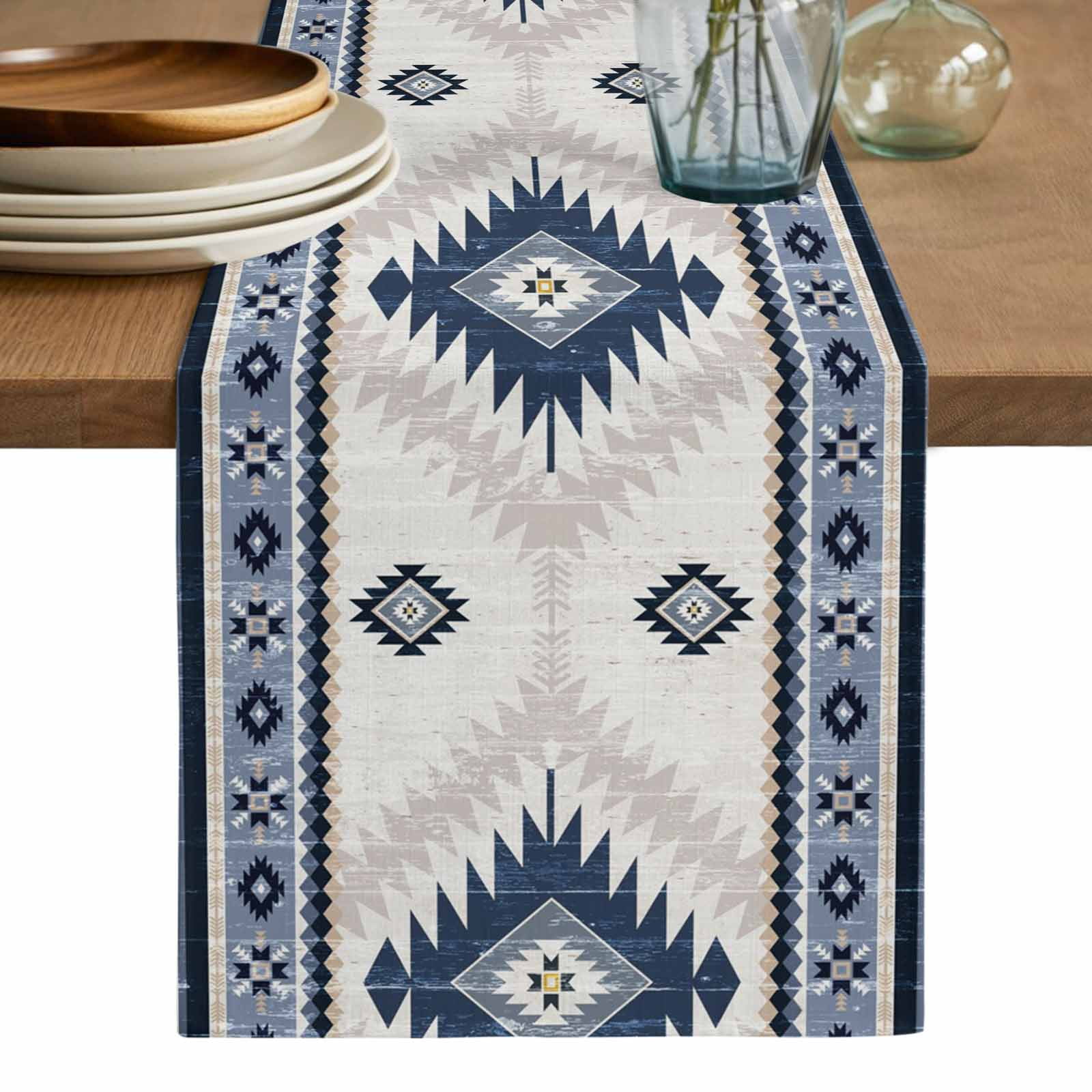 Blue Beige Boho Table Runner, Vintage Ethnic Tribal Southwestern ...