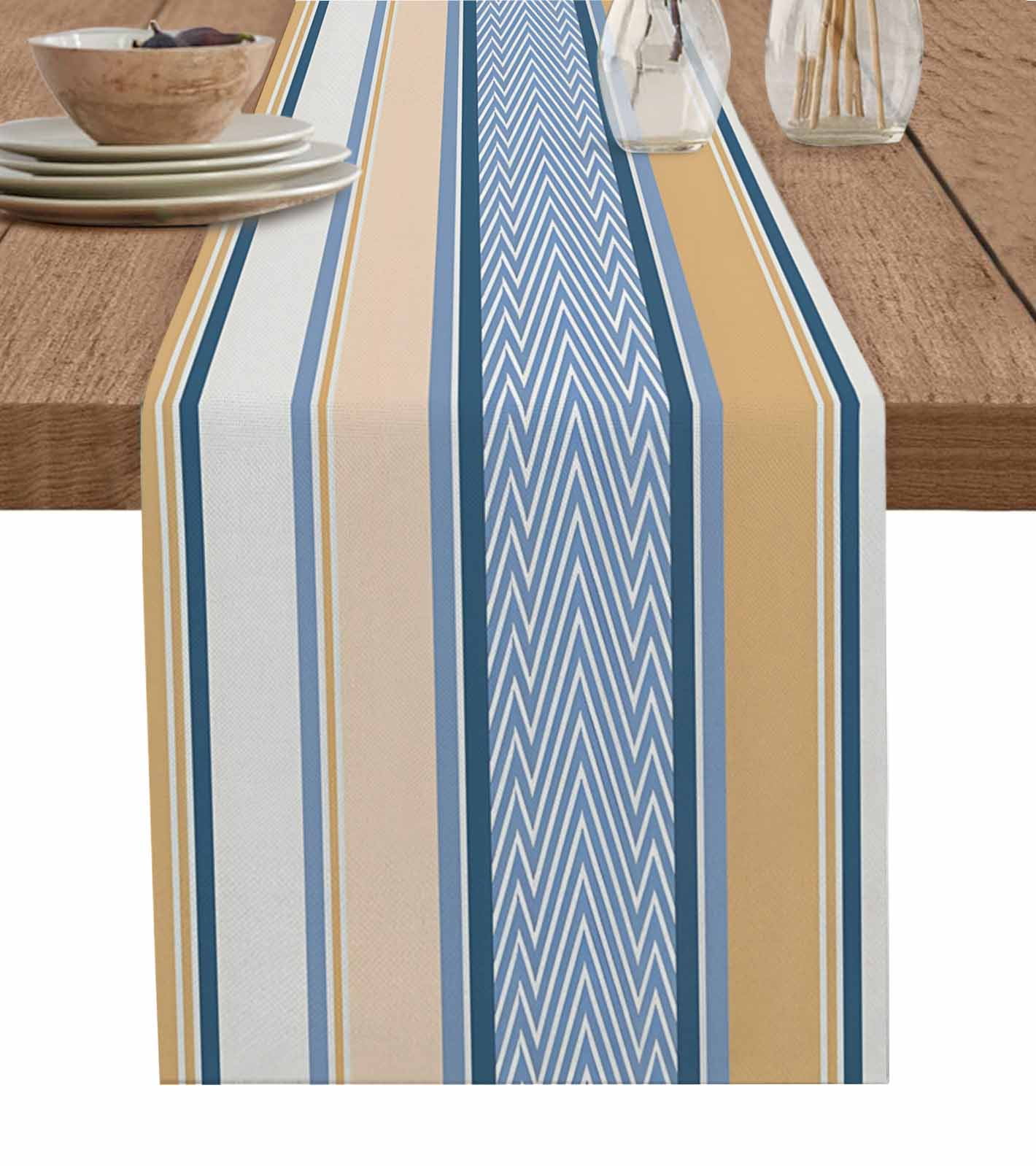 Blue Beige Brown Table Runner 72 Inches, Modern Simple Abstract Stripes ...