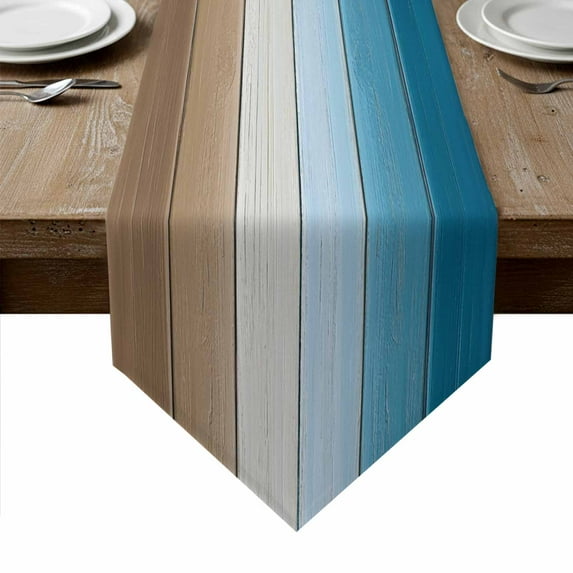 Blue Beige Brown Table Runner Linen Burlap Table Runner 72 Inches Long ...