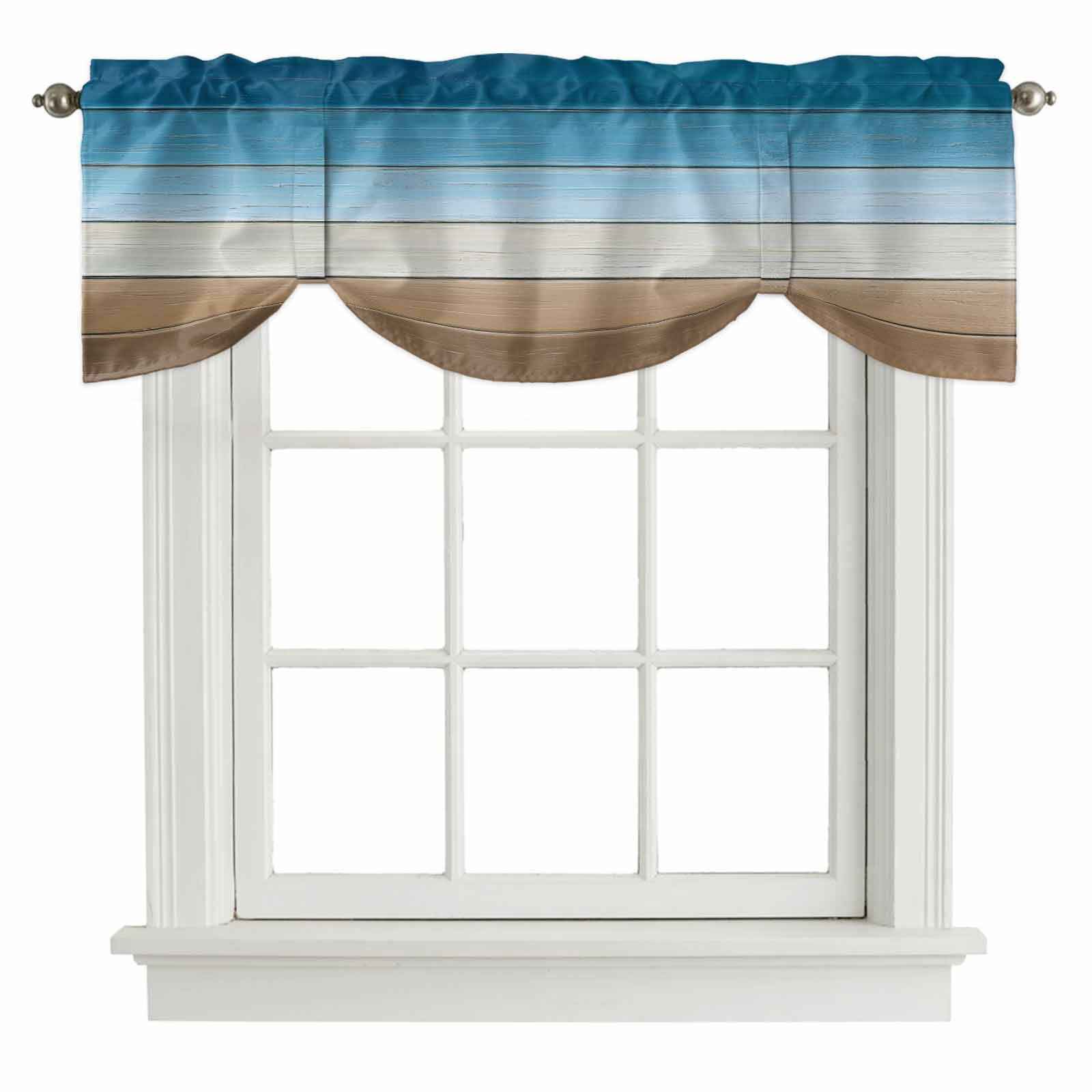 Blue Beige Brown Tie Up Valance Curtains for Windows, Kitchen Curtains ...