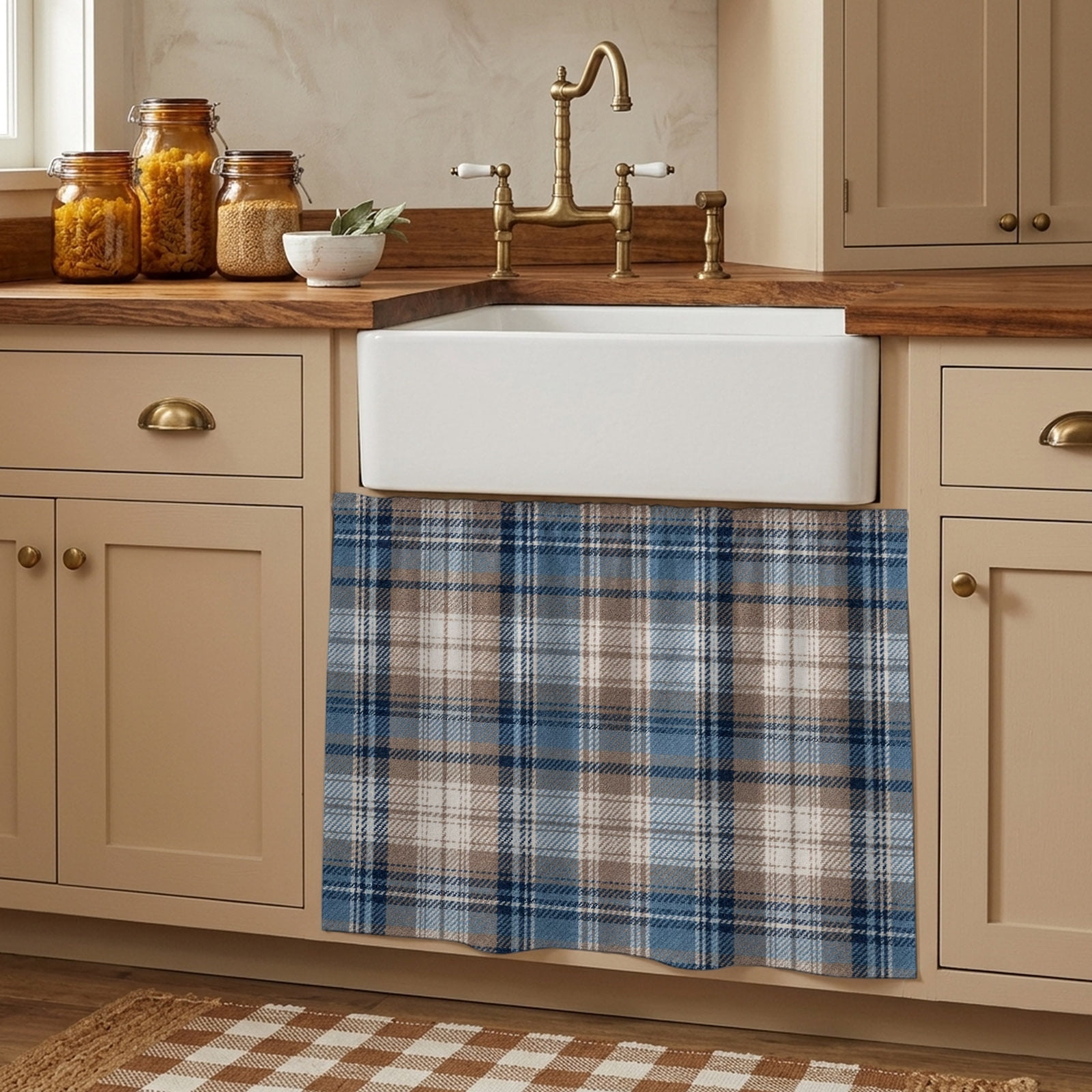 Blue Beige Buffalo Plaid Small Cabinet Curtains 11"W x 13"L, White ...
