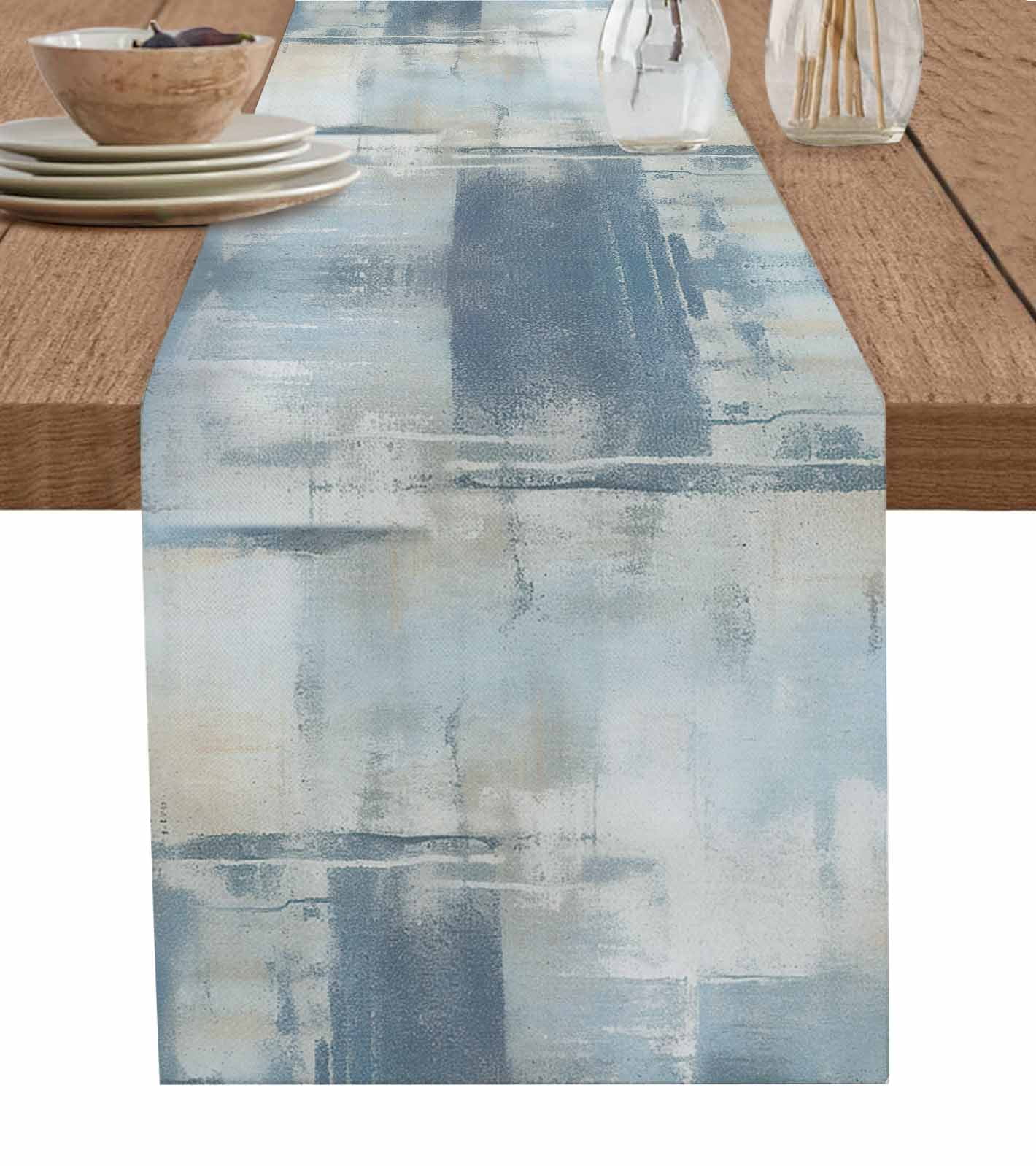 Blue Beige Burlap-Cotton Table Runner 108 Inches Long,Oil Painting ...