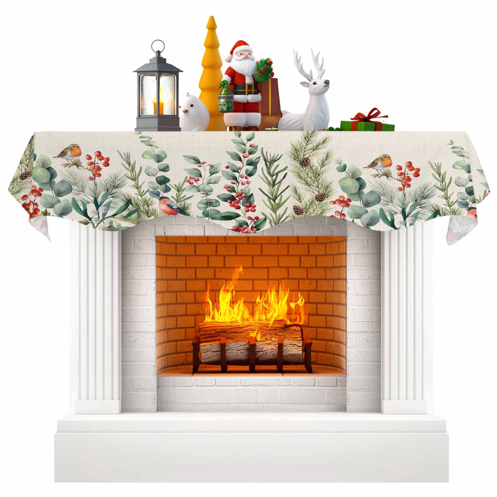 Blue Beige Christmas Fireplace Mantle Scarf, Xmas Eucalyptus Leaves ...